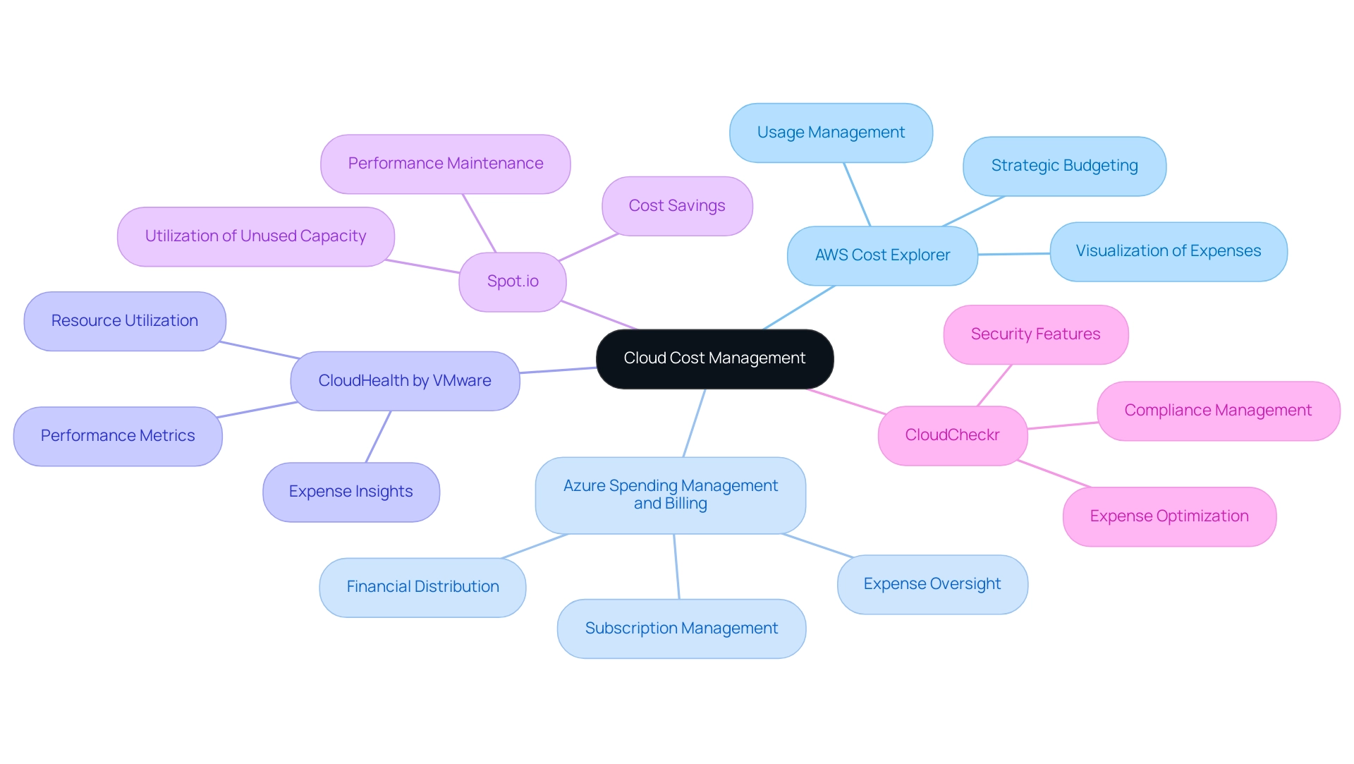 The central node represents the challenge of cloud cost management, with branches for each tool showing their contributions to achieving cost efficiency.