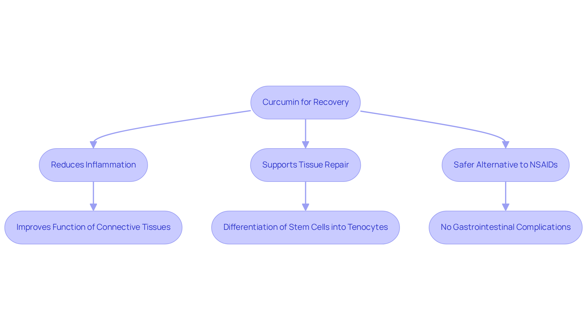 This flowchart illustrates how curcumin aids in recovery from tendon and ligament injuries. Start with curcumin at the center, then follow the arrows to see how it reduces inflammation, supports tissue repair, and serves as a safer alternative to traditional anti-inflammatories. Each step highlights the benefits of curcumin in the healing process.
