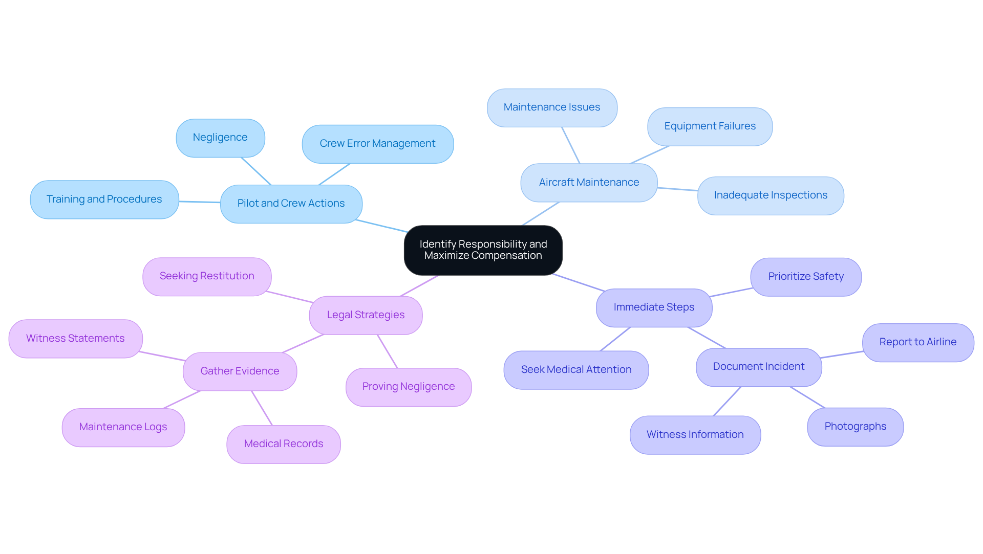 The central node represents the main topic, while the branches show key factors that influence responsibility and compensation. Each sub-branch provides specific details related to its category, helping you navigate the complexities of aviation incidents.