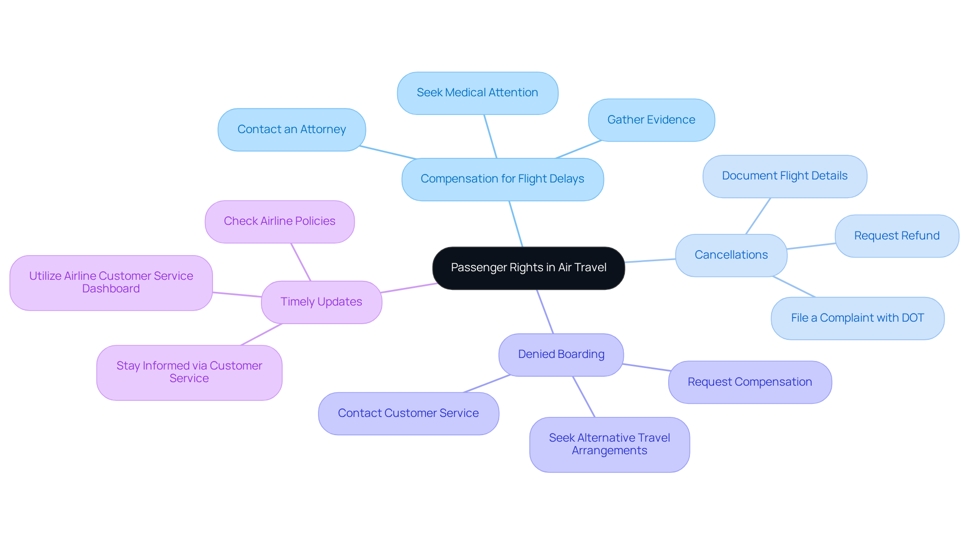 The center represents the main topic of passenger rights, with branches showing specific rights and actions to take if issues arise. Follow the branches to understand your entitlements and how to advocate for yourself. The center represents the main topic of passenger rights, with branches showing specific rights and actions to take if issues arise. Follow the branches to understand your entitlements and how to advocate for yourself.
