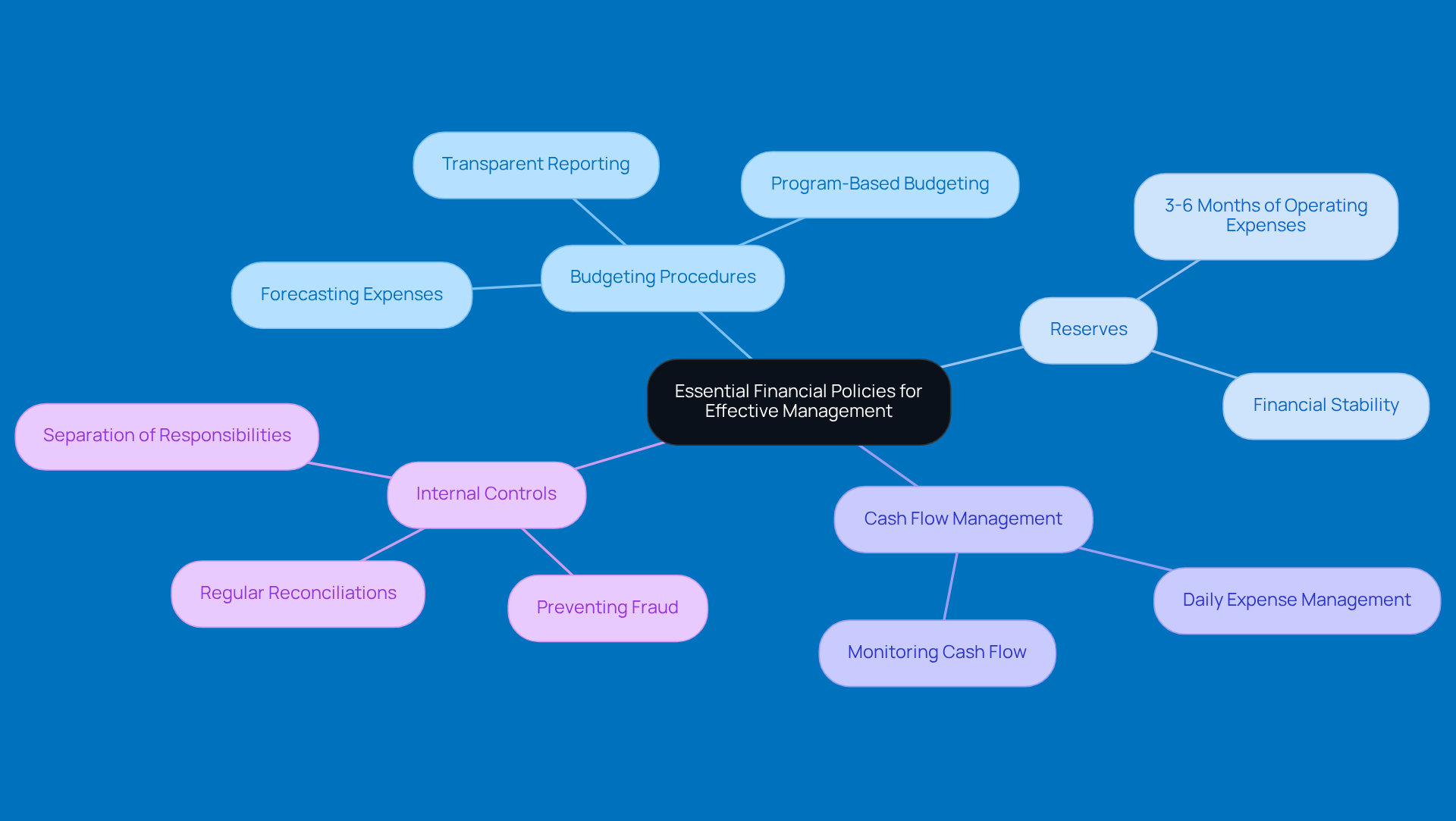 Start at the center with the main topic of financial policies, then explore each branch to see the key areas and their important details. Each color represents a different policy area, helping you understand how they all connect.