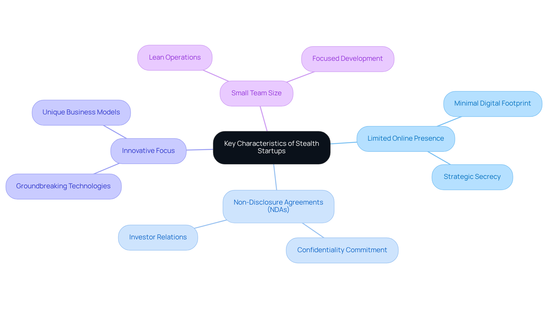 Start in the center with the main idea about stealth startups and follow the branches to see each key characteristic. The different colors help you quickly identify each trait, and the brief descriptions give you a quick overview of what each one means.