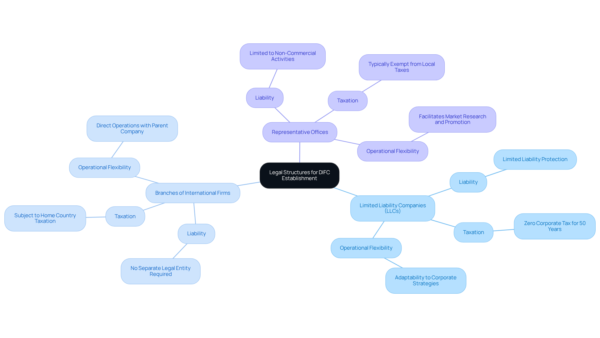 The central node represents the main topic, while the branches show different legal structures. Each sub-branch explains key implications, helping you understand the benefits and considerations of each option.