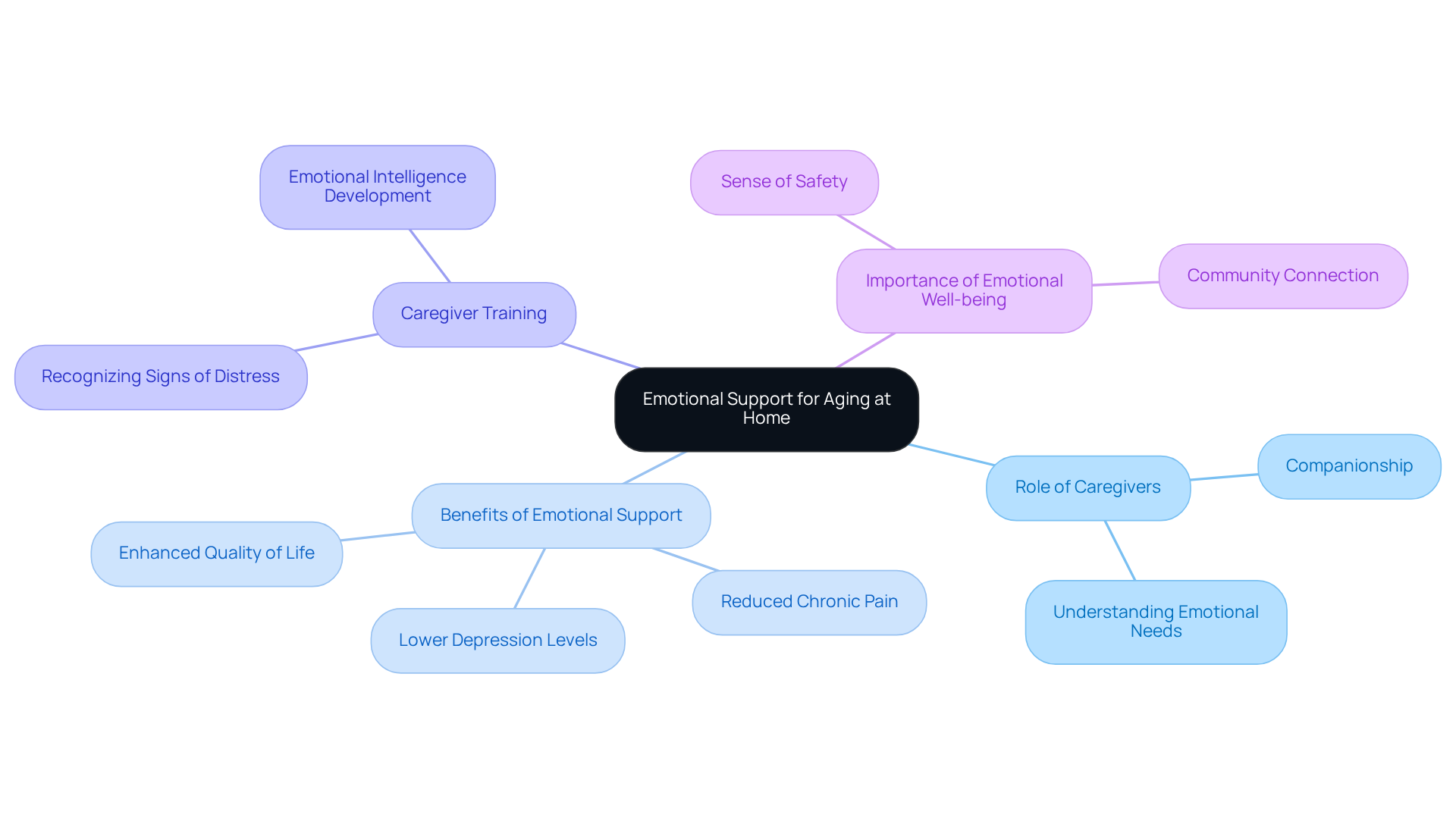 The center represents the main theme of emotional support, while the branches illustrate the various aspects that contribute to the well-being of elderly individuals. Follow the branches to see how each point connects back to the central idea.