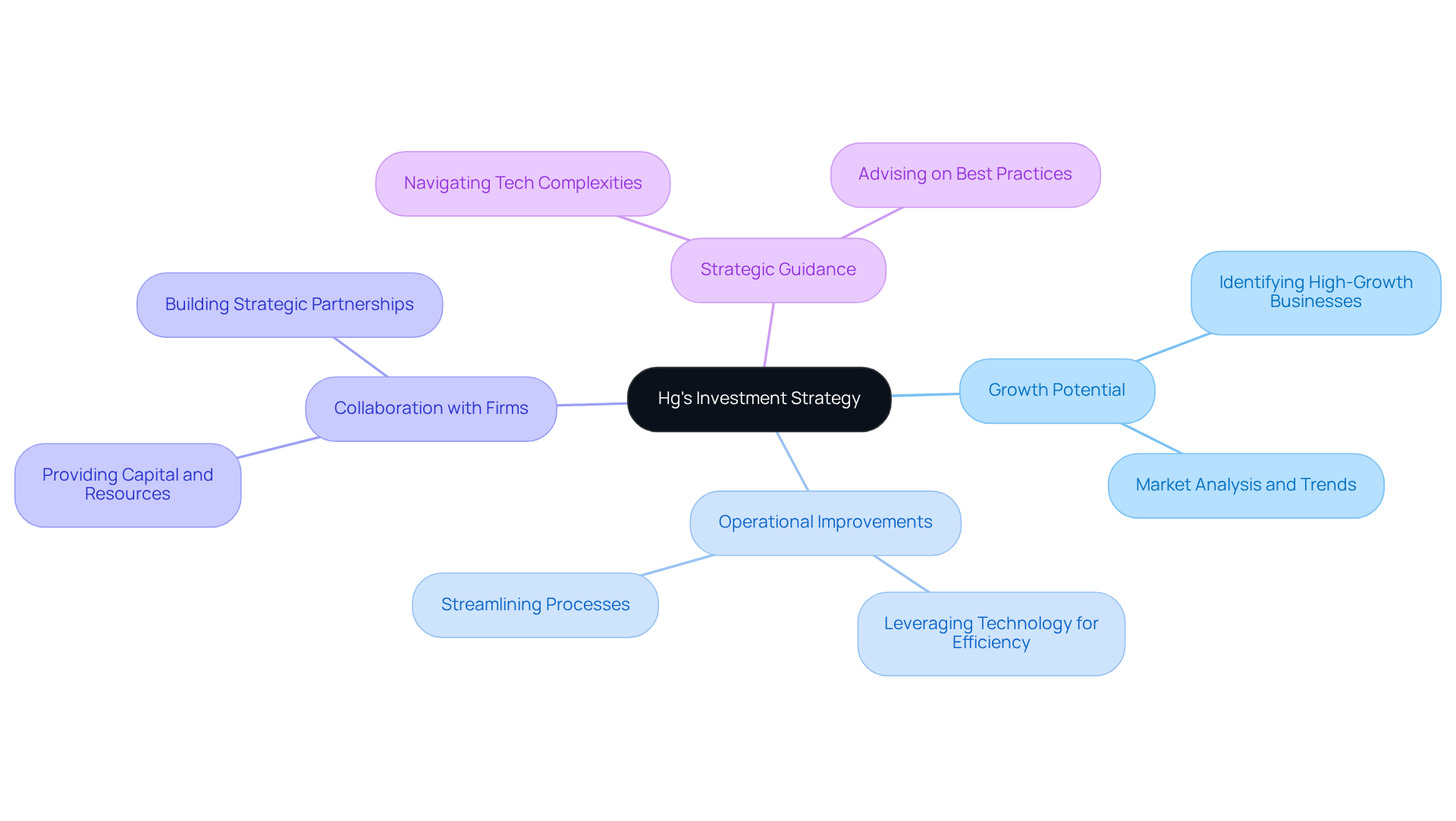 The center represents Hg's overall strategy, while the branches show key focus areas. Each branch highlights how Hg approaches investments and supports businesses in the tech sector.