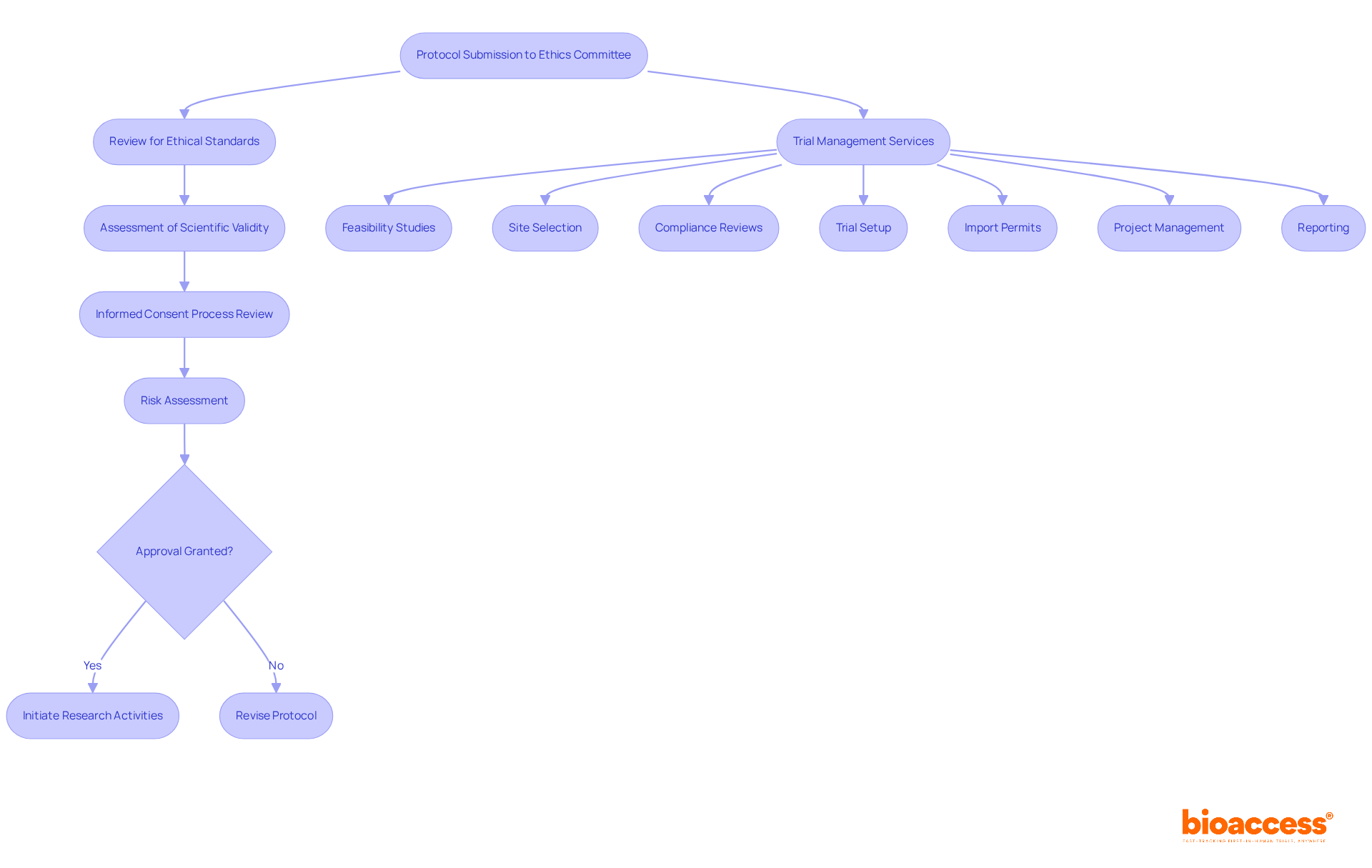 This flowchart outlines the steps researchers must follow to get their clinical trial protocols approved by ethics committees. Each box represents a stage in the process, and the arrows show the flow from one step to the next. The side box highlights the support services that can help streamline this process.