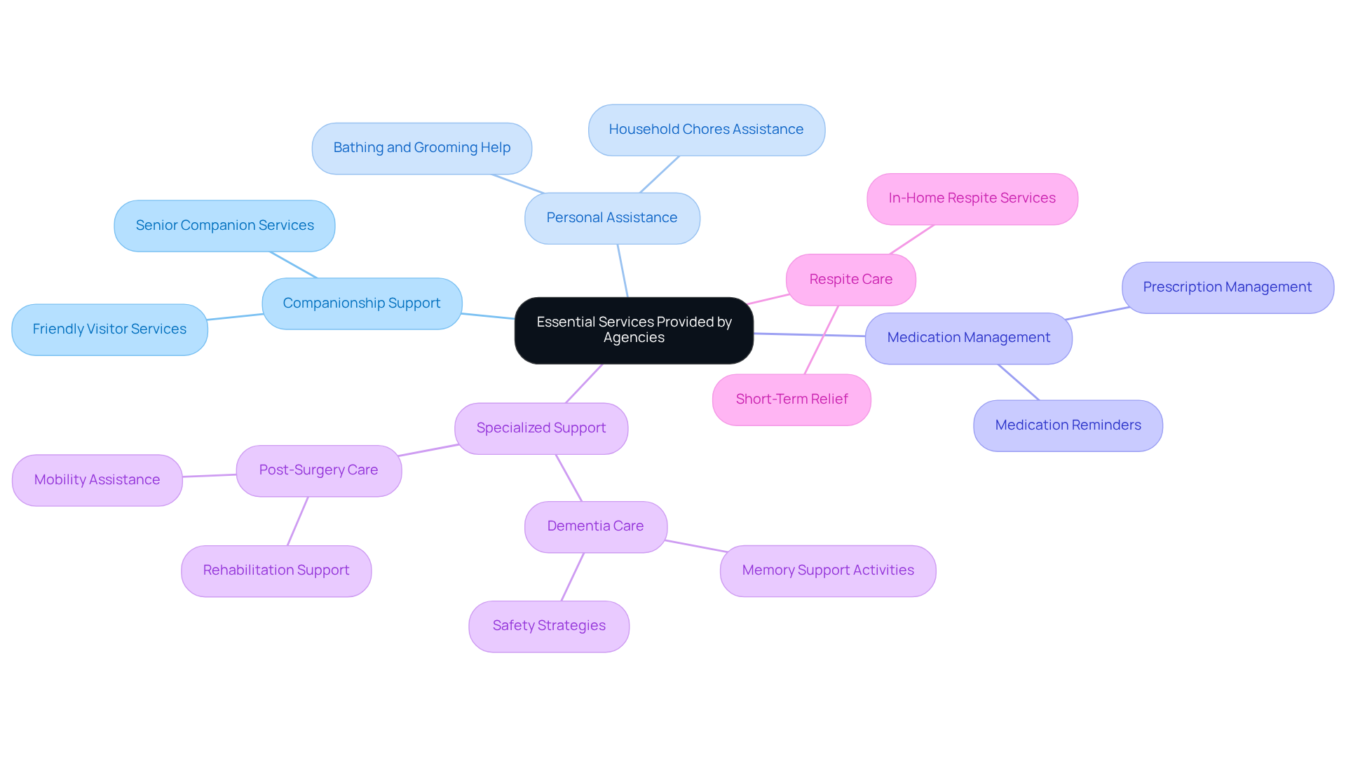 The central node represents the main theme of essential services, while the branches show different types of support available. Each color-coded branch helps you quickly identify the type of service that may be relevant to your needs.