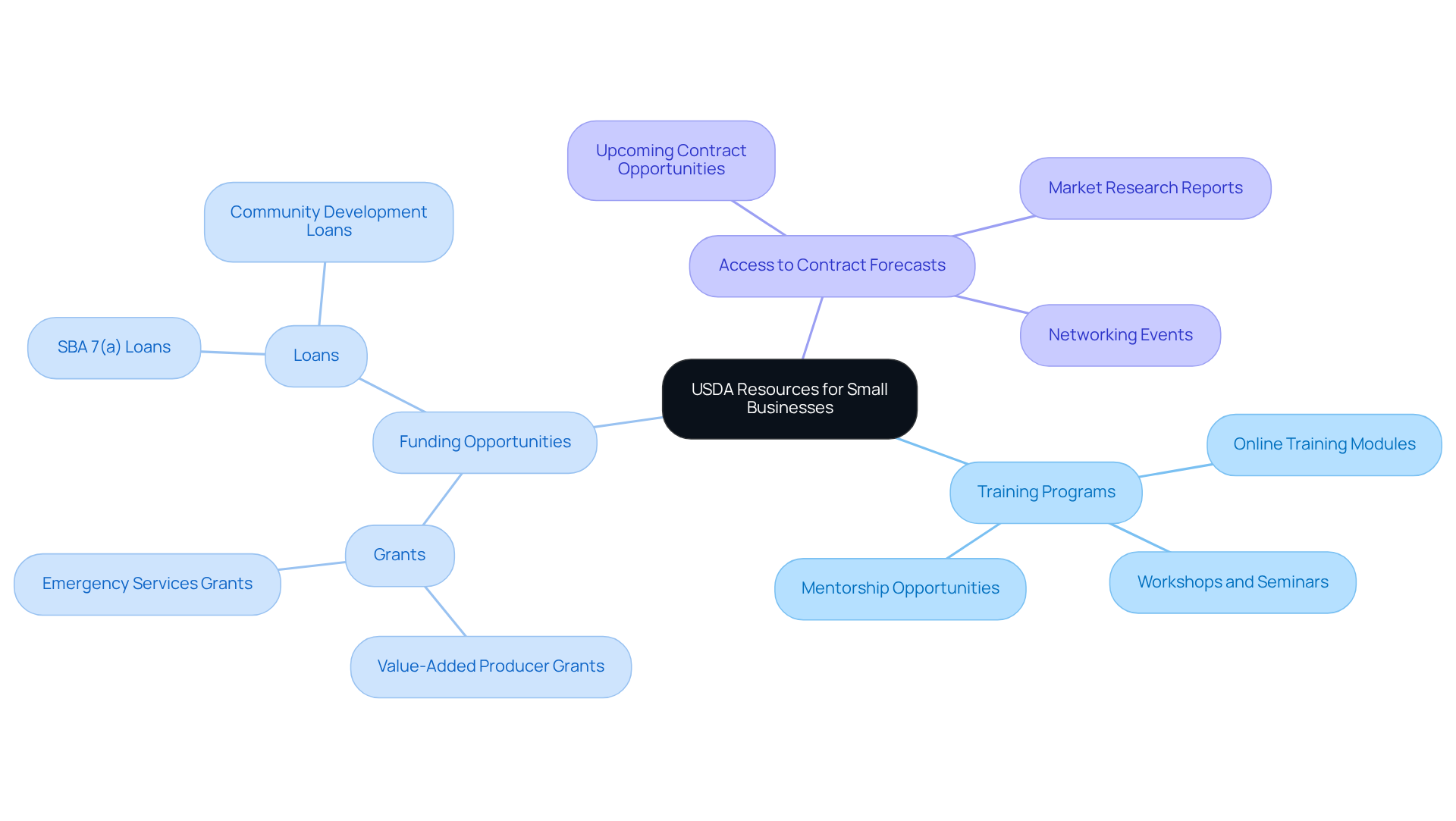 The center represents the USDA's support for small businesses, with branches showing different types of resources available. Each branch highlights how these resources can help small enterprises succeed in government contracting.