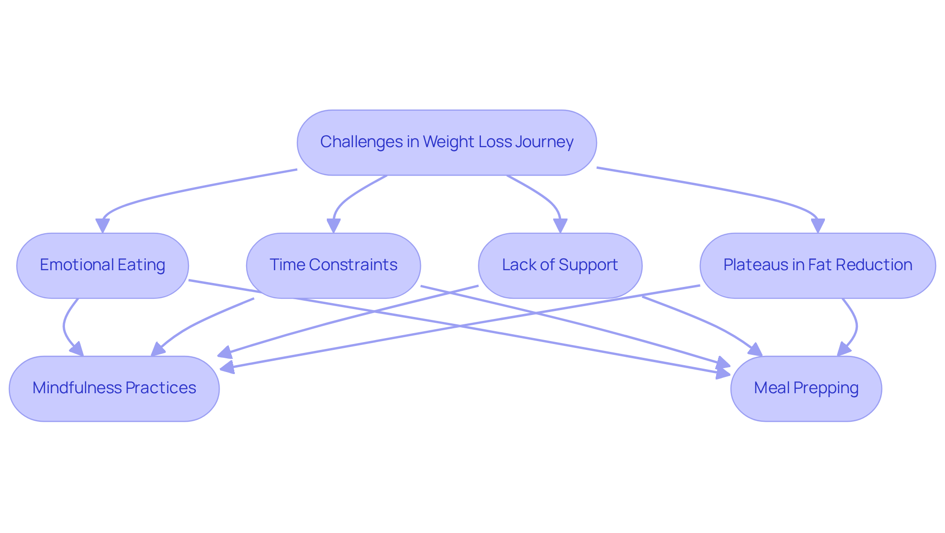 This flowchart shows the challenges faced during weight loss and the strategies to overcome them. Start with the main challenges, and follow the arrows to see how each challenge connects to effective coping strategies.