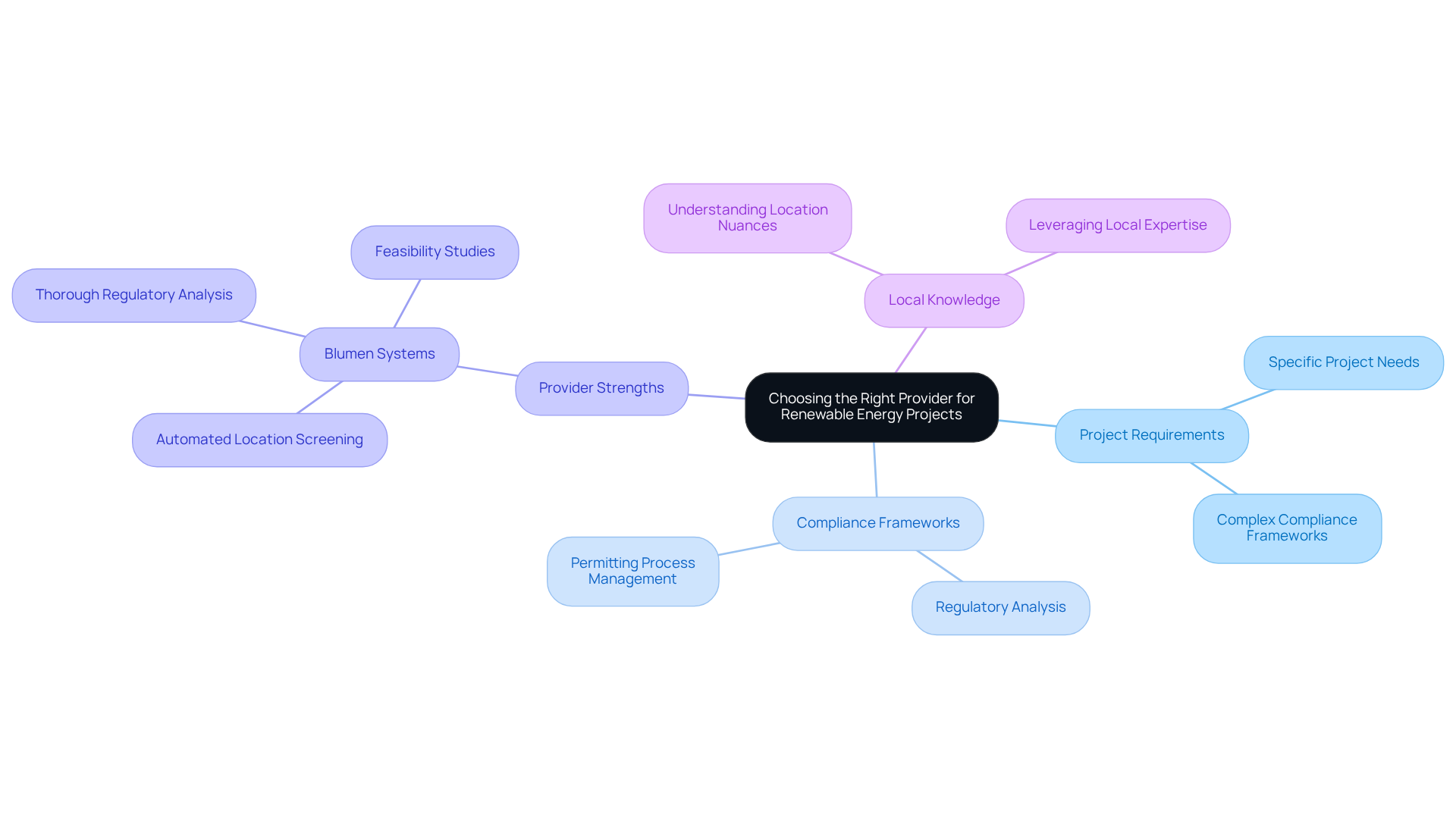 Start at the center with the main decision point, then explore the branches to see the various factors that influence the choice of provider, including specific services and expertise.
