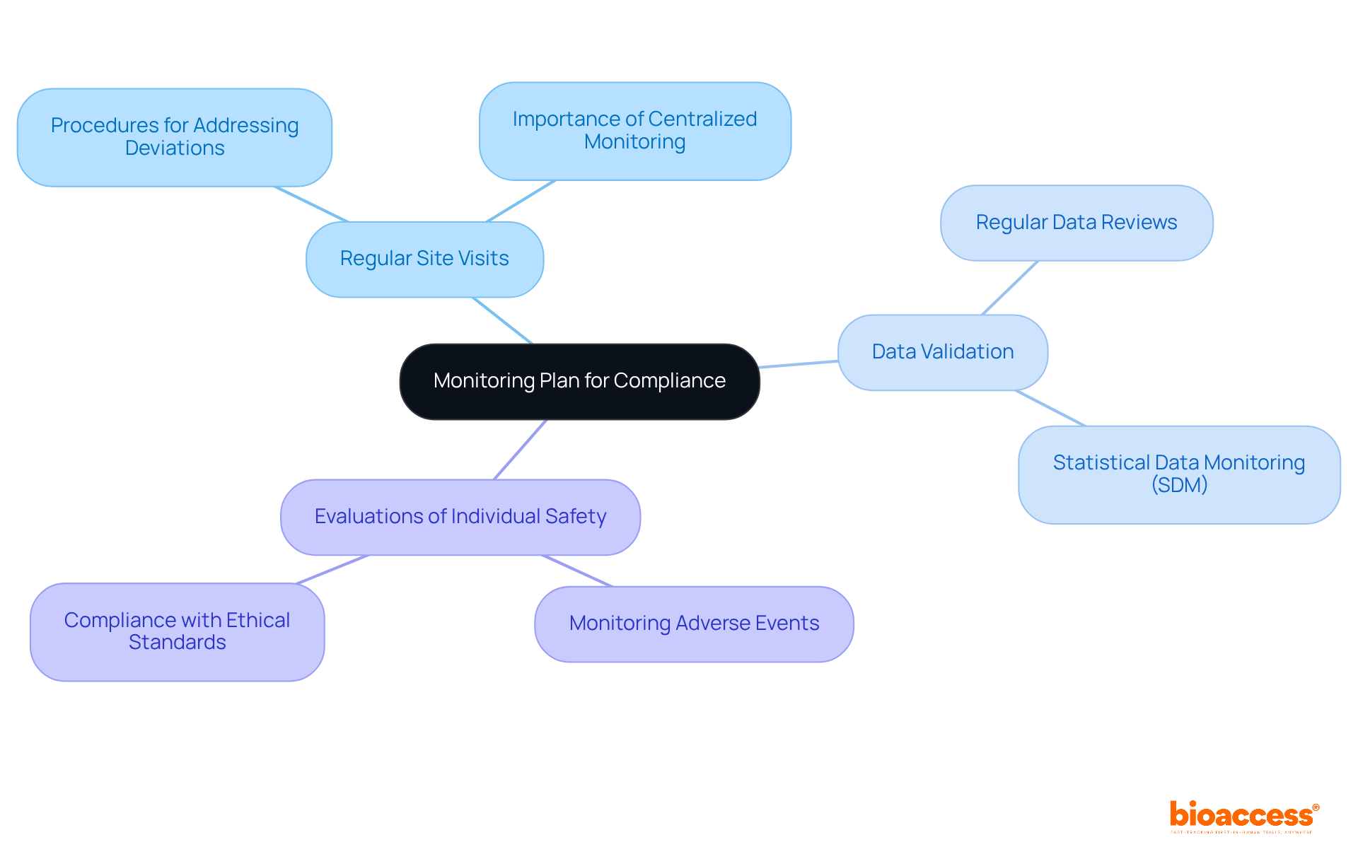 The center represents the main monitoring plan, while the branches show key components that support compliance and participant safety. Each color-coded branch helps you quickly identify different aspects of the plan.