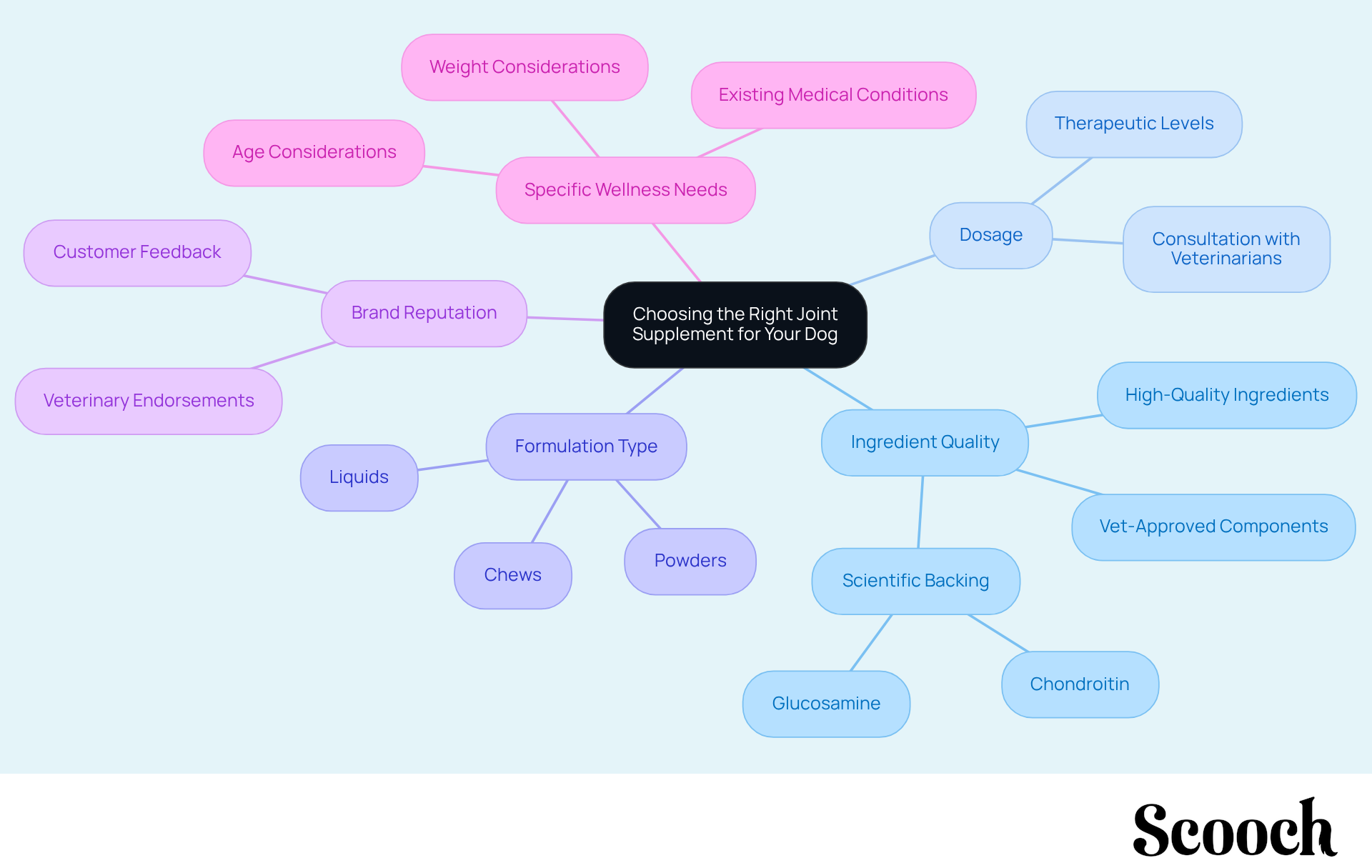 The center represents the main topic, and each branch shows a different criterion to consider when selecting a joint supplement. Follow the branches to explore each factor and its importance.