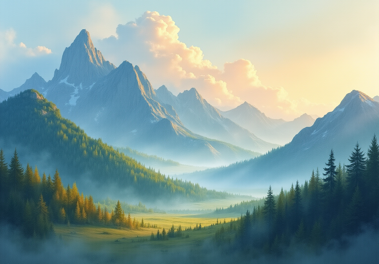 Evocative Watercolor Mountain Landscape