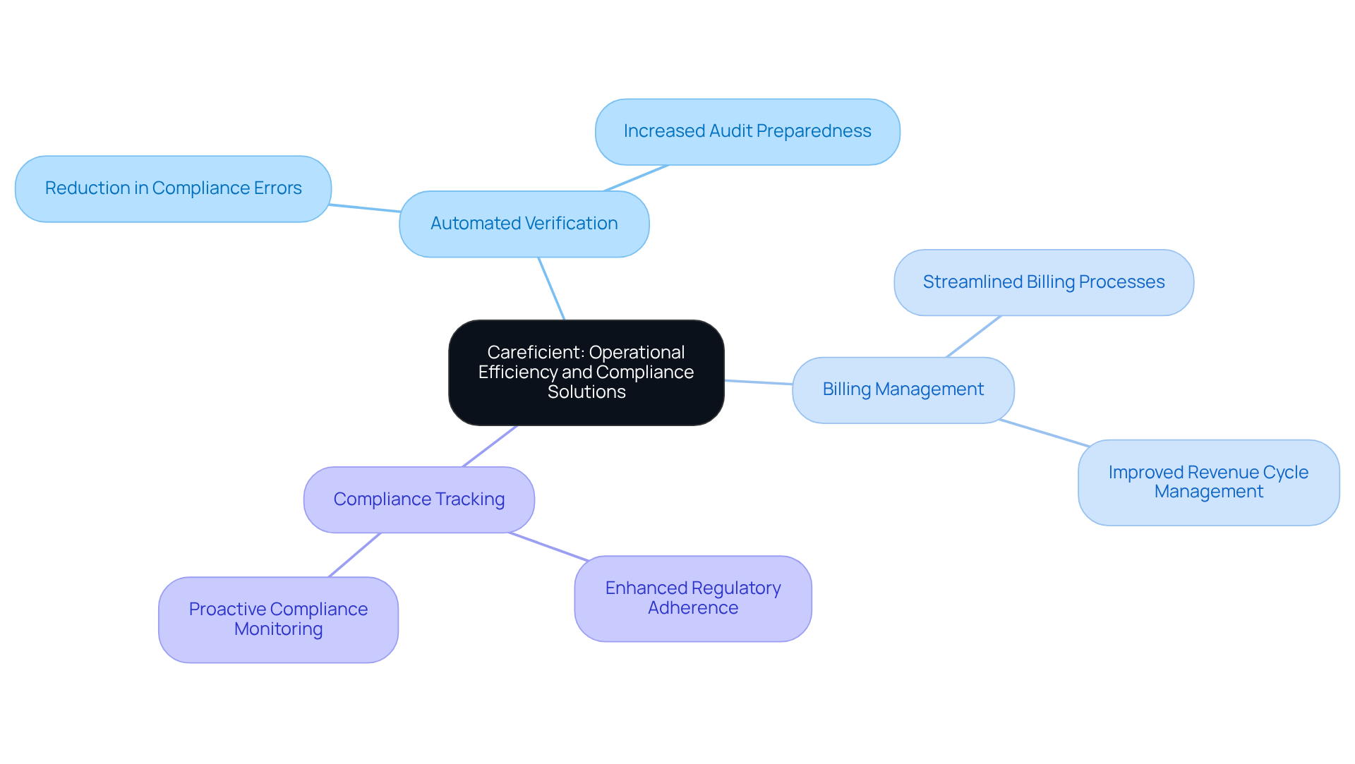 The center represents Careficient's main focus on operational efficiency and compliance. Each branch shows a key feature, and the sub-branches illustrate the benefits and impacts of those features, helping you understand how they work together. The center represents Careficient's main focus on operational efficiency and compliance. Each branch shows a key feature, and the sub-branches illustrate the benefits and impacts of those features, helping you understand how they work together.