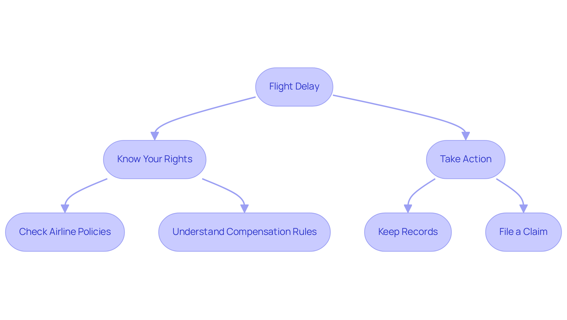 This flowchart guides you through what to do if your flight is delayed. Start at the top with 'Flight Delay' and follow the arrows to understand your rights and the actions you can take to manage the situation.