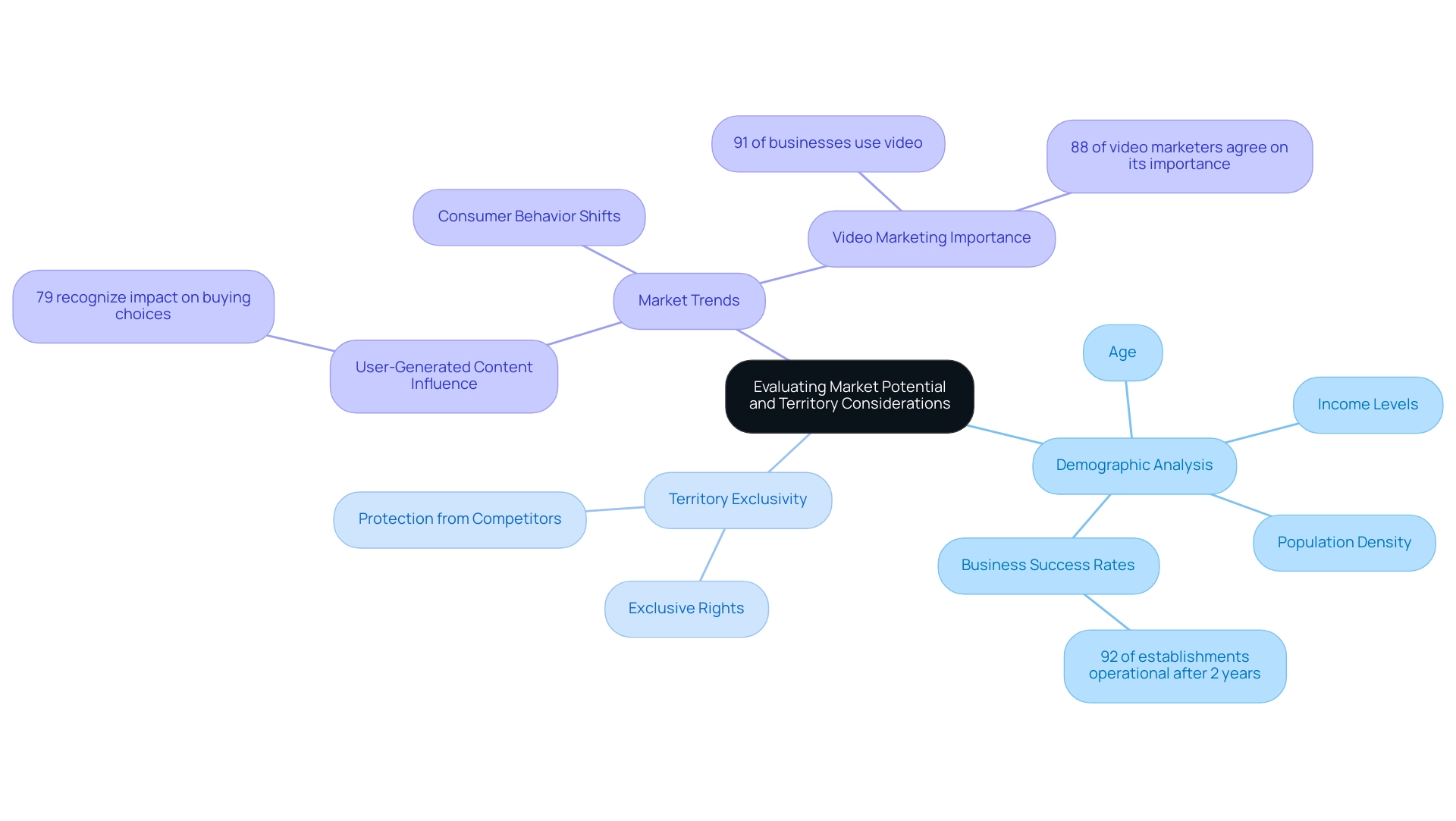 The central node represents the overall evaluation process, with branches showing key factors influencing market potential and their respective considerations.