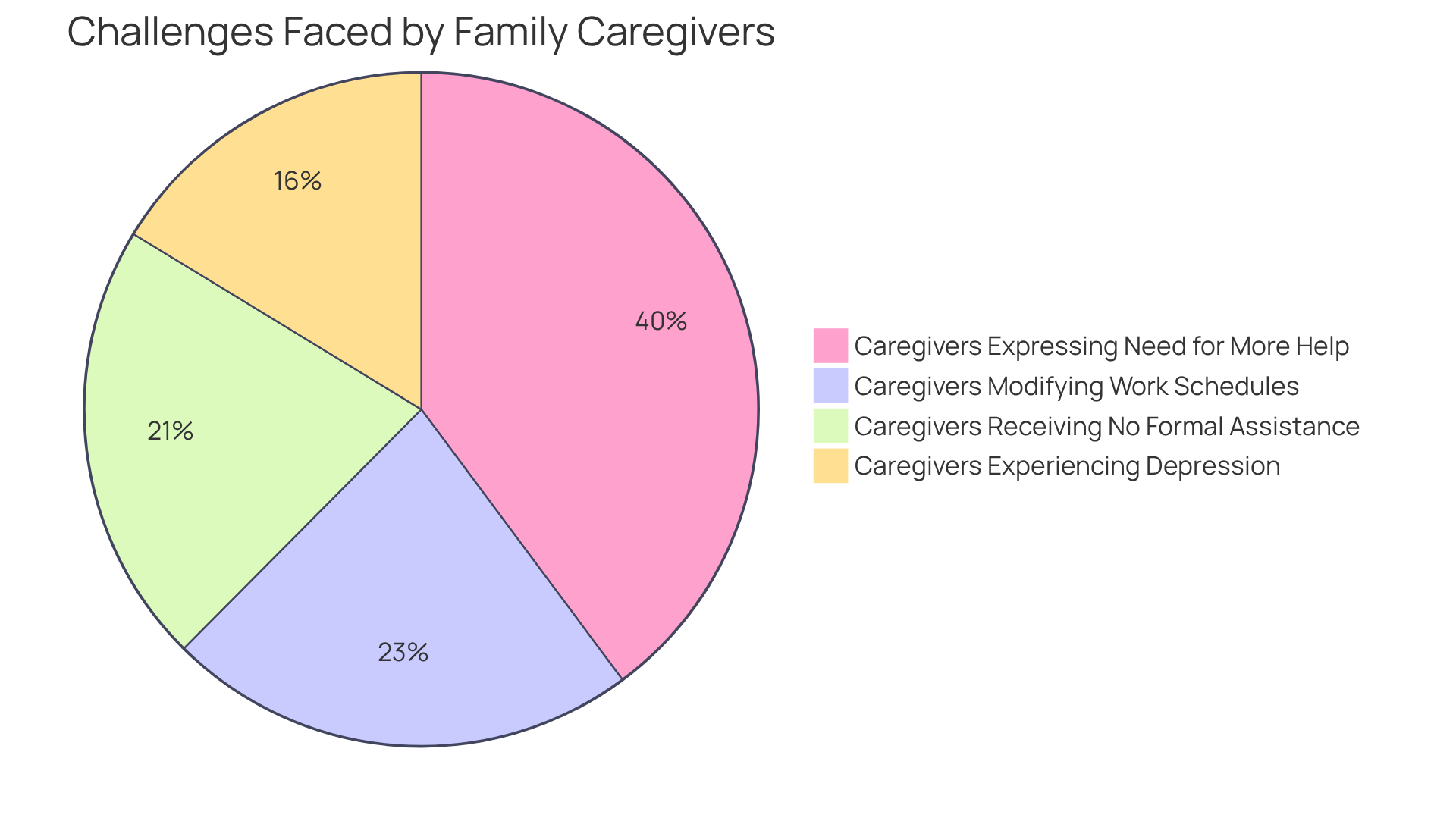 Each slice of the pie represents a different statistic related to family caregivers — for example, if a slice is labeled '36% Experience Depression', it means that this percentage of caregivers report feeling depressed due to their responsibilities. Each slice of the pie represents a different statistic related to family caregivers — for example, if a slice is labeled '36% Experience Depression', it means that this percentage of caregivers report feeling depressed due to their responsibilities.