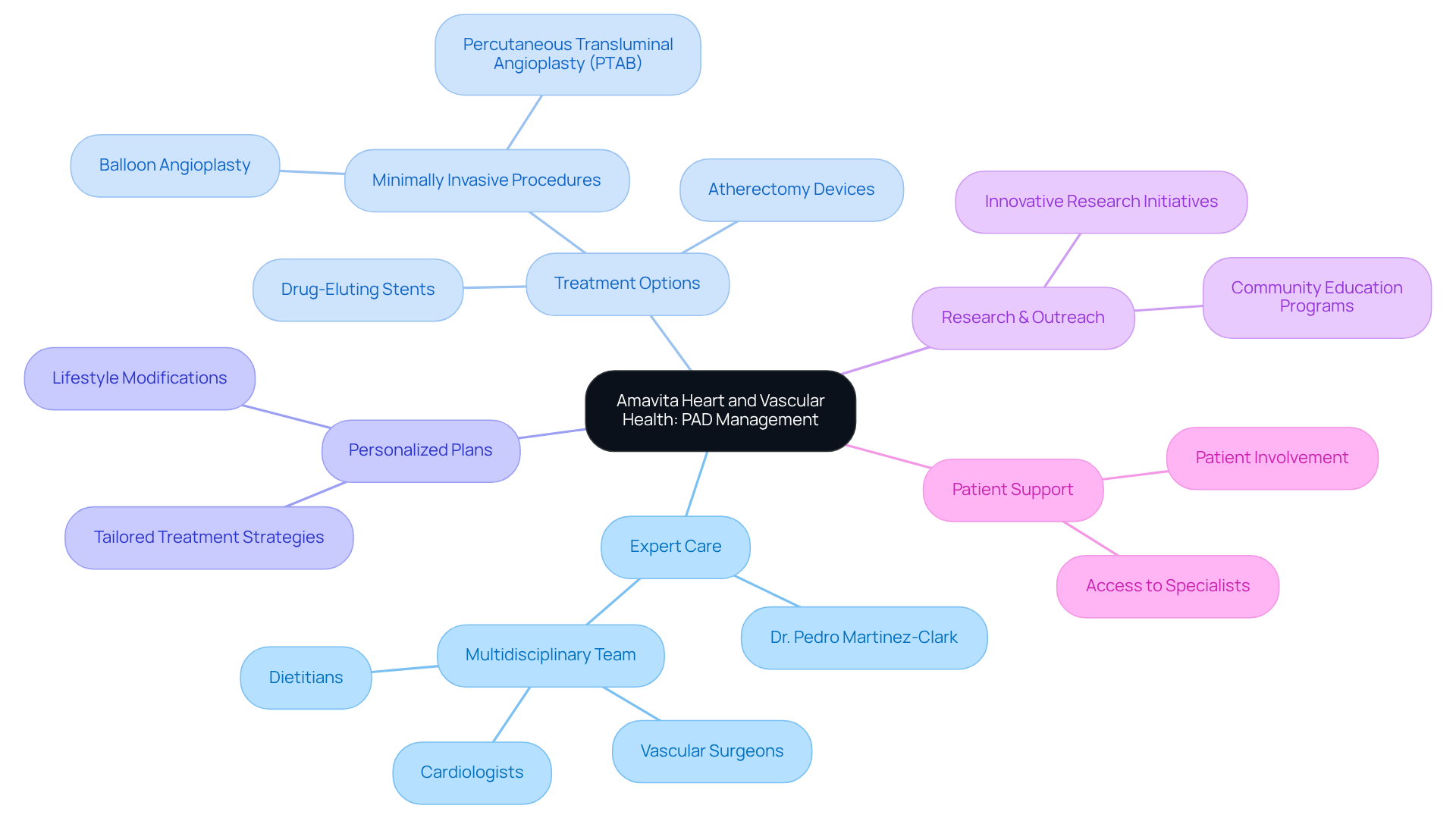 The central node represents the overall focus on PAD management, while branches illustrate the various aspects of care and treatment options. Each color-coded branch helps you navigate through the different components of the care strategy.