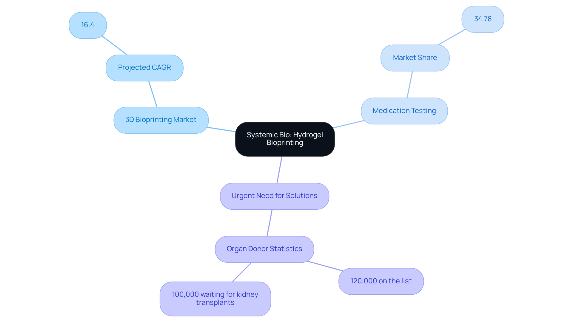 The central node represents Systemic Bio, while branches illustrate important aspects like market growth, the significance of medication testing, and the urgent need for innovative medical solutions. Each color-coded branch helps organize information for easy understanding.