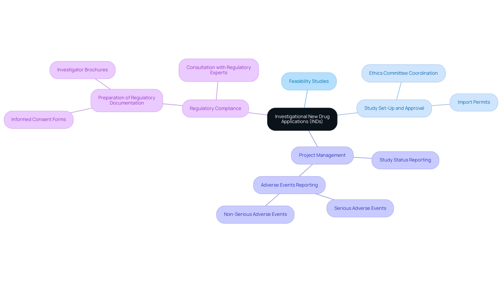 The central node represents INDs, with branches showing key categories of services and their related tasks.