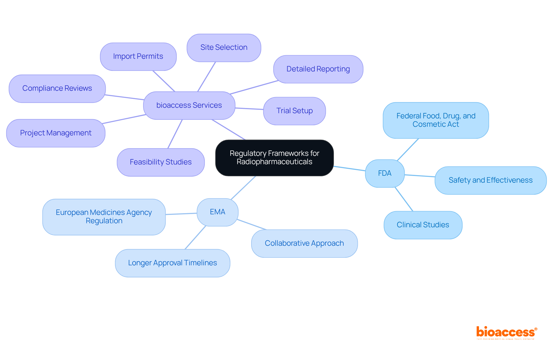The central node represents the main topic, while the branches show the two regulatory bodies and their key features. The services offered by bioaccess are also included to illustrate how companies can navigate these frameworks.