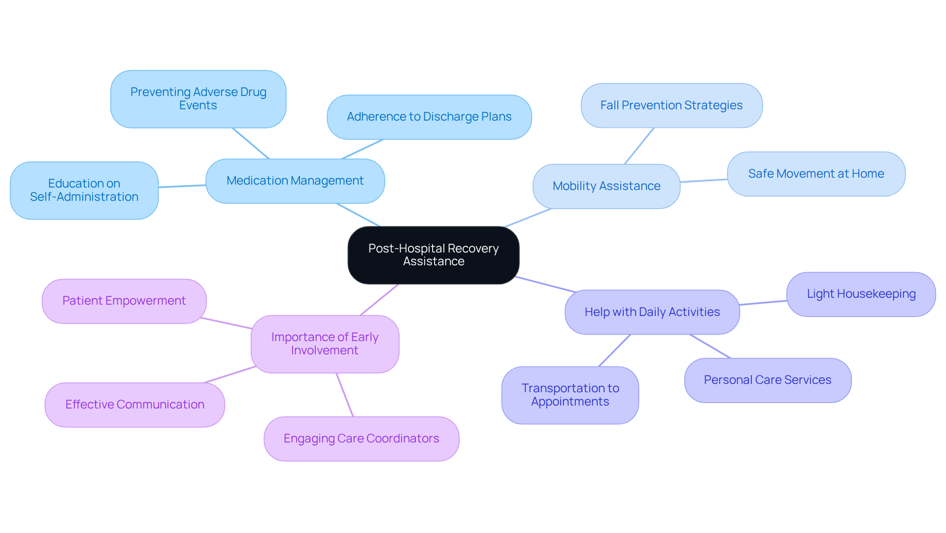 The center represents the overall goal of assisting seniors after hospital stays. Each branch shows a key service, and the sub-branches illustrate why those services are crucial for a safe transition home.