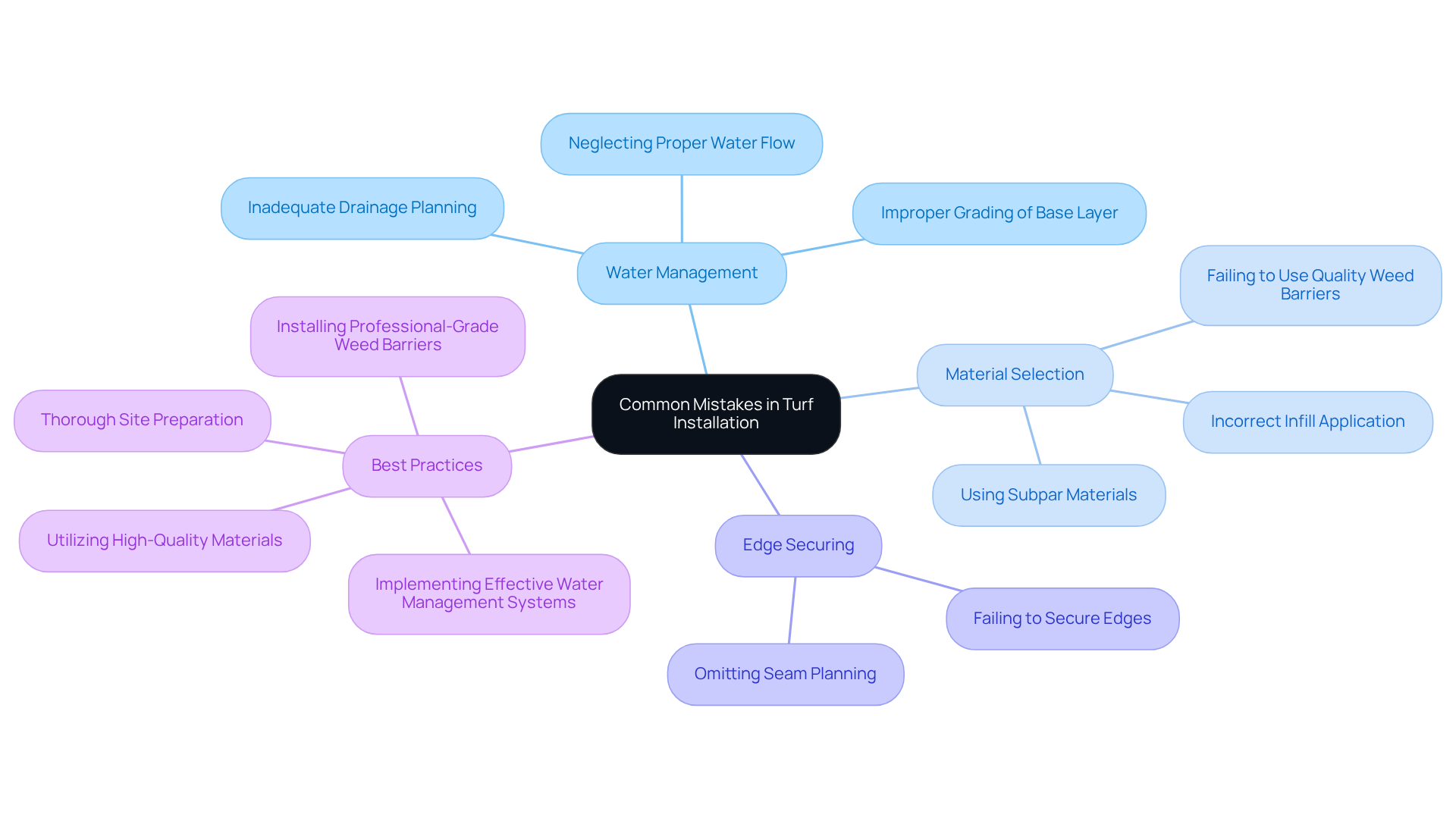 Start at the center with the main topic of common mistakes, then follow the branches to explore specific errors and the best practices to avoid them. Each color represents a different category of mistakes or solutions.
