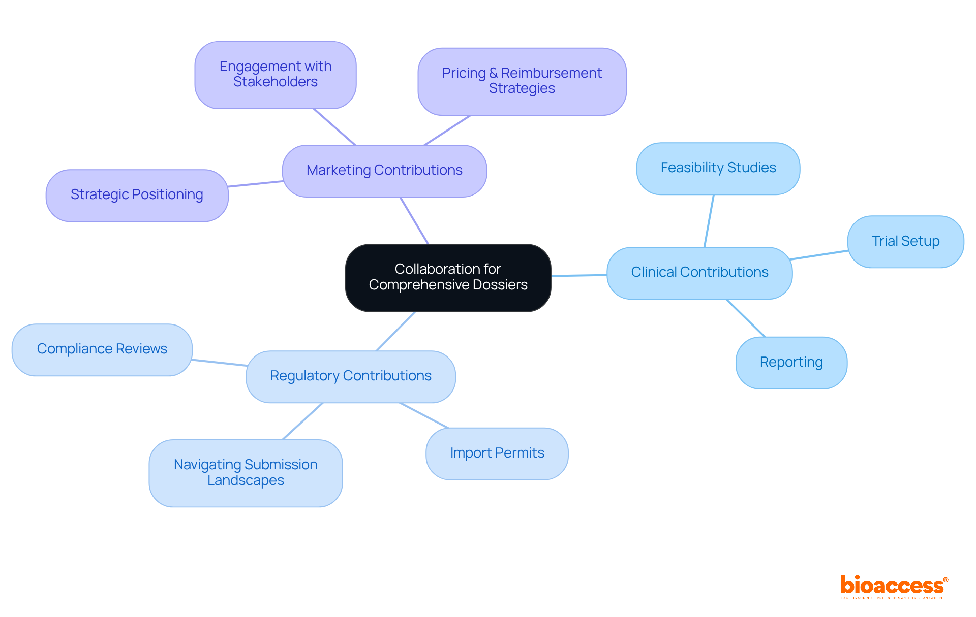 The central node represents the main theme of collaboration. Each branch shows a different team involved in the dossier development, with sub-branches detailing their specific roles and contributions. This visual helps to understand how teamwork enhances the quality of regulatory submissions.