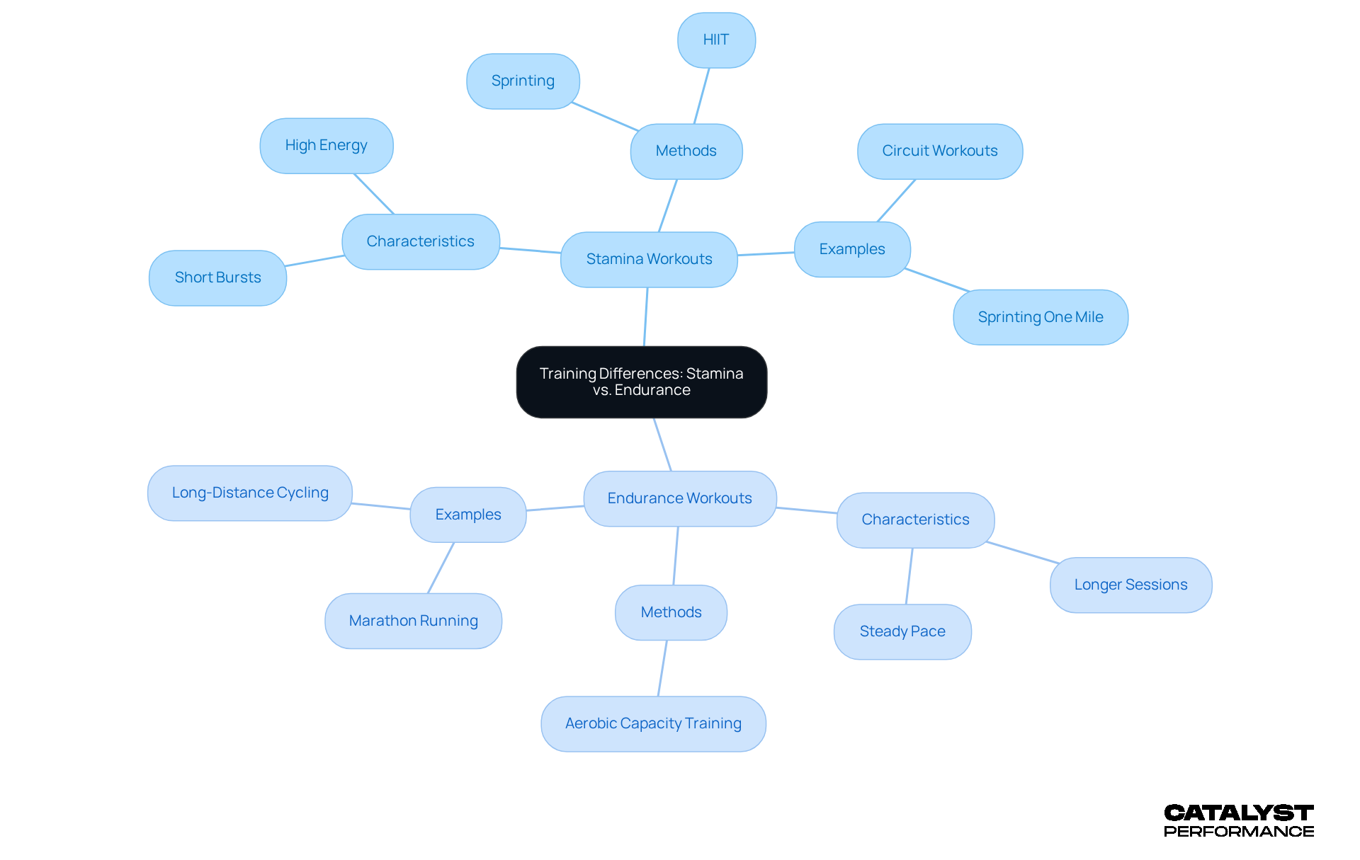The central node represents the overall topic, while the branches show the two types of workouts. Each sub-branch provides details about characteristics, methods, and examples, helping you understand how stamina and endurance training differ. The central node represents the overall topic, while the branches show the two types of workouts. Each sub-branch provides details about characteristics, methods, and examples, helping you understand how stamina and endurance training differ.