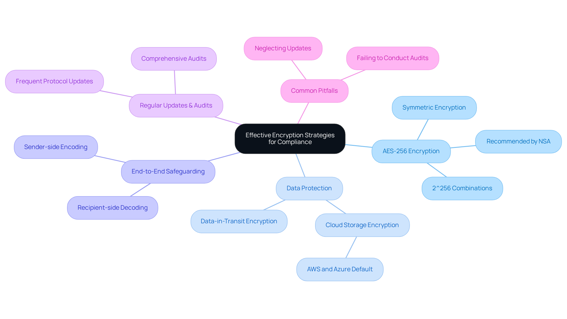 Start at the center with the main topic of encryption strategies. Follow the branches to explore specific methods and recommendations, as well as common pitfalls to avoid.