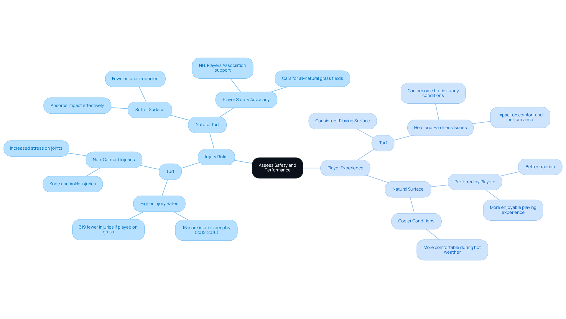 The central node represents the overall assessment of safety and performance. Each branch shows different factors to consider, with sub-branches providing specific details about turf and natural grass.