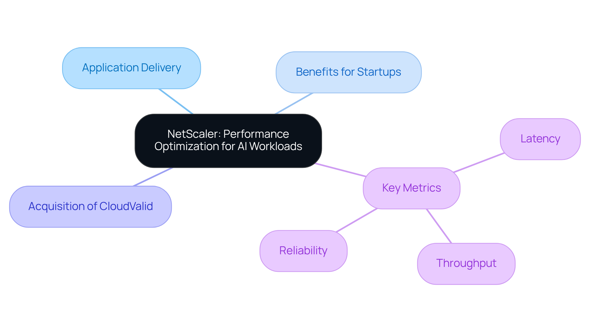 Start at the center with NetScaler's optimization capabilities, then explore each branch to understand its features, benefits, and the metrics that matter for AI workloads.