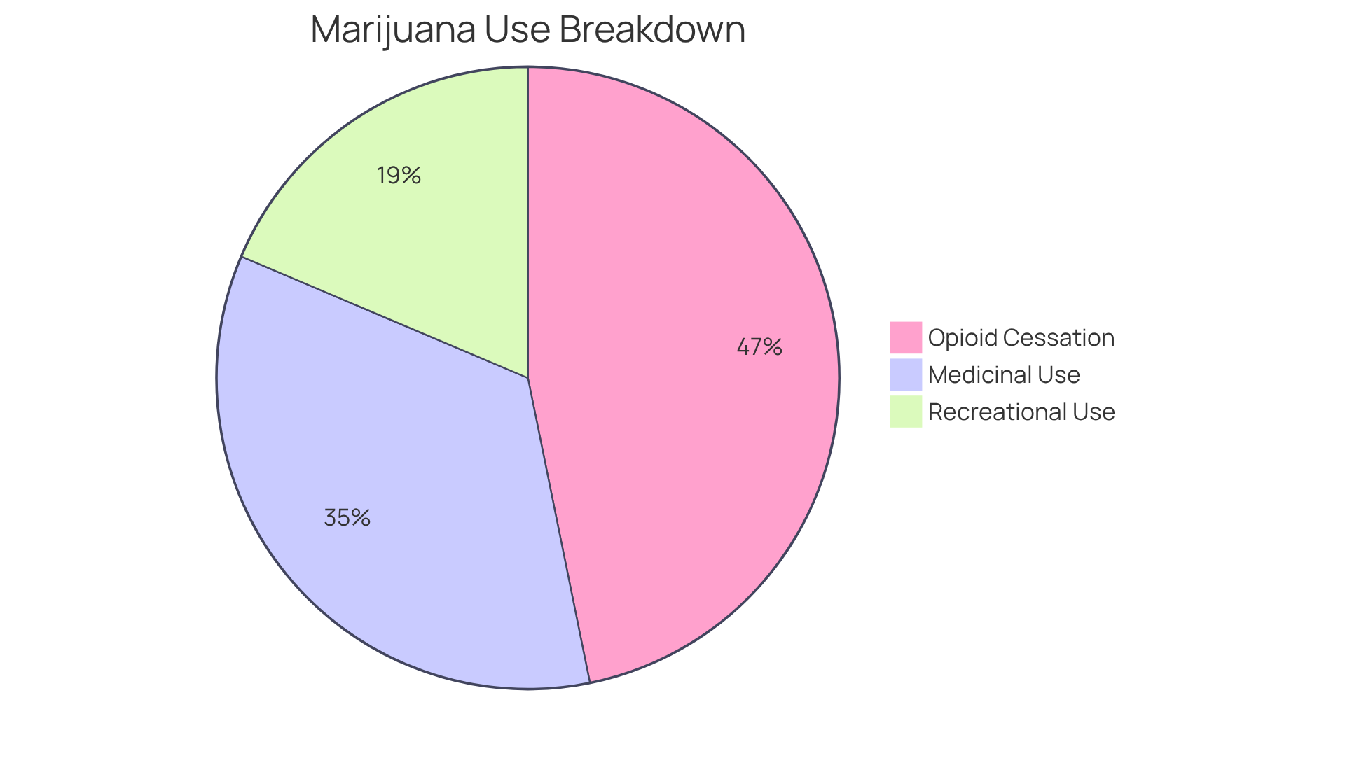The green slice shows the portion of marijuana used for medical purposes, while the purple slice represents recreational use. The additional note on opioid cessation highlights its significant impact in managing chronic pain. The green slice shows the portion of marijuana used for medical purposes, while the purple slice represents recreational use. The additional note on opioid cessation highlights its significant impact in managing chronic pain.