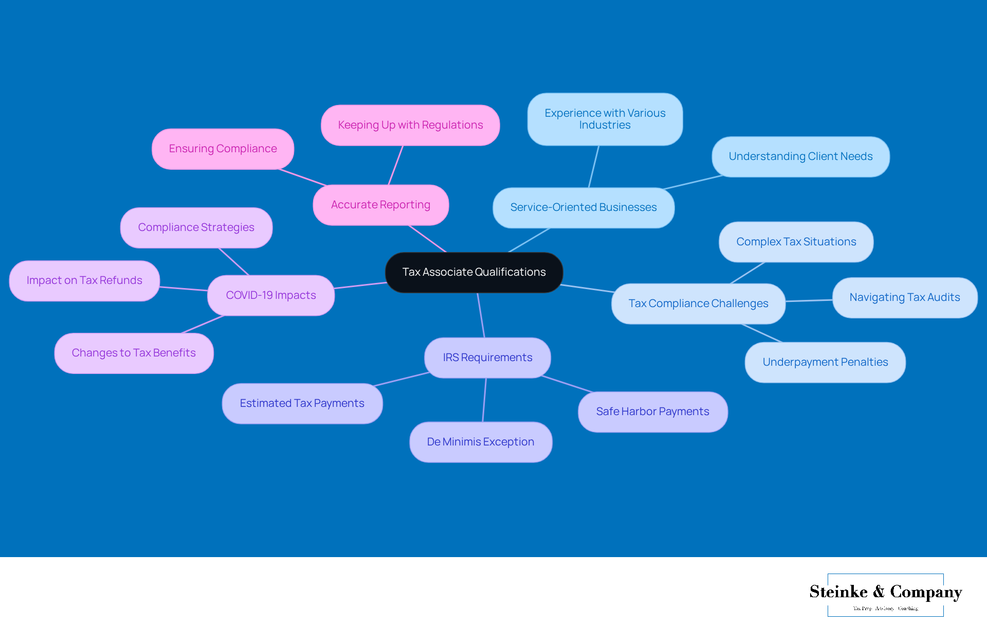 The center represents the main topic of tax associate qualifications, while the branches show different areas of expertise and challenges they should be familiar with. Each color-coded branch helps you see how these components connect.