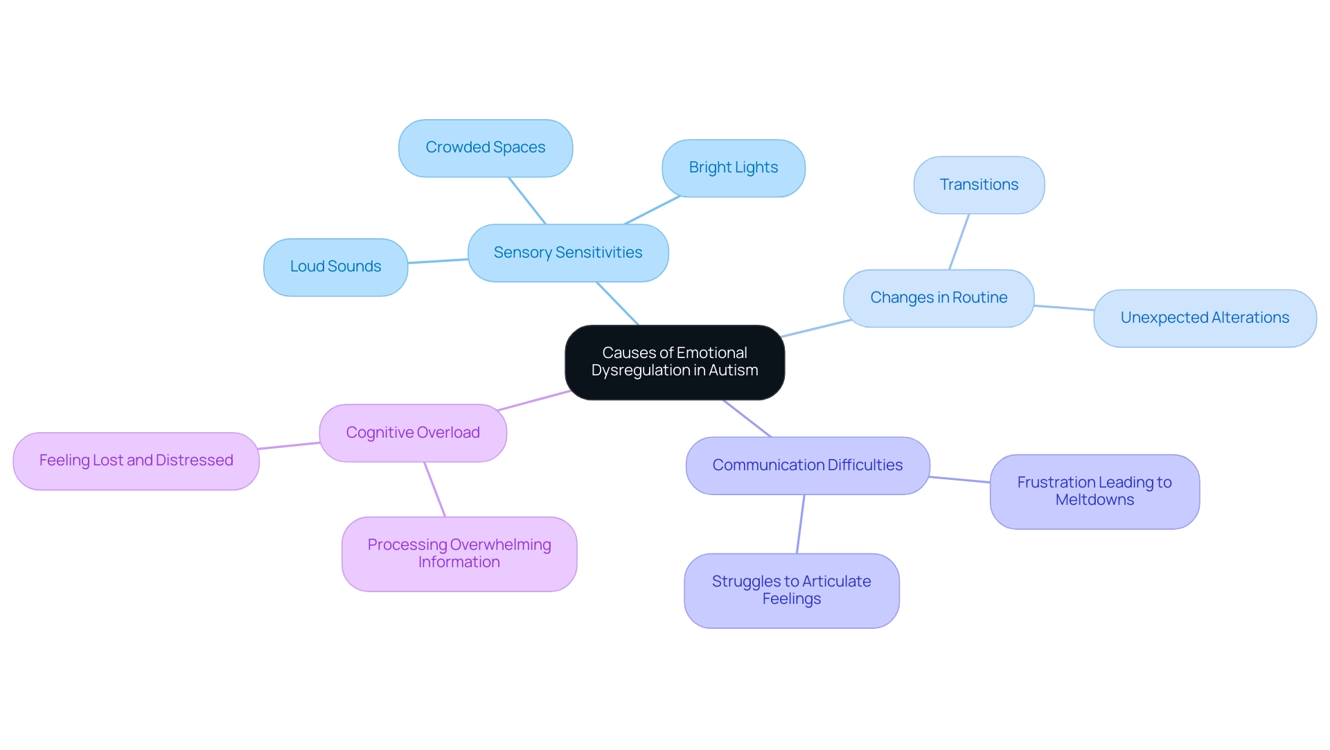 Each branch represents a major cause of emotional dysregulation, with sub-branches detailing specific elements related to each cause.