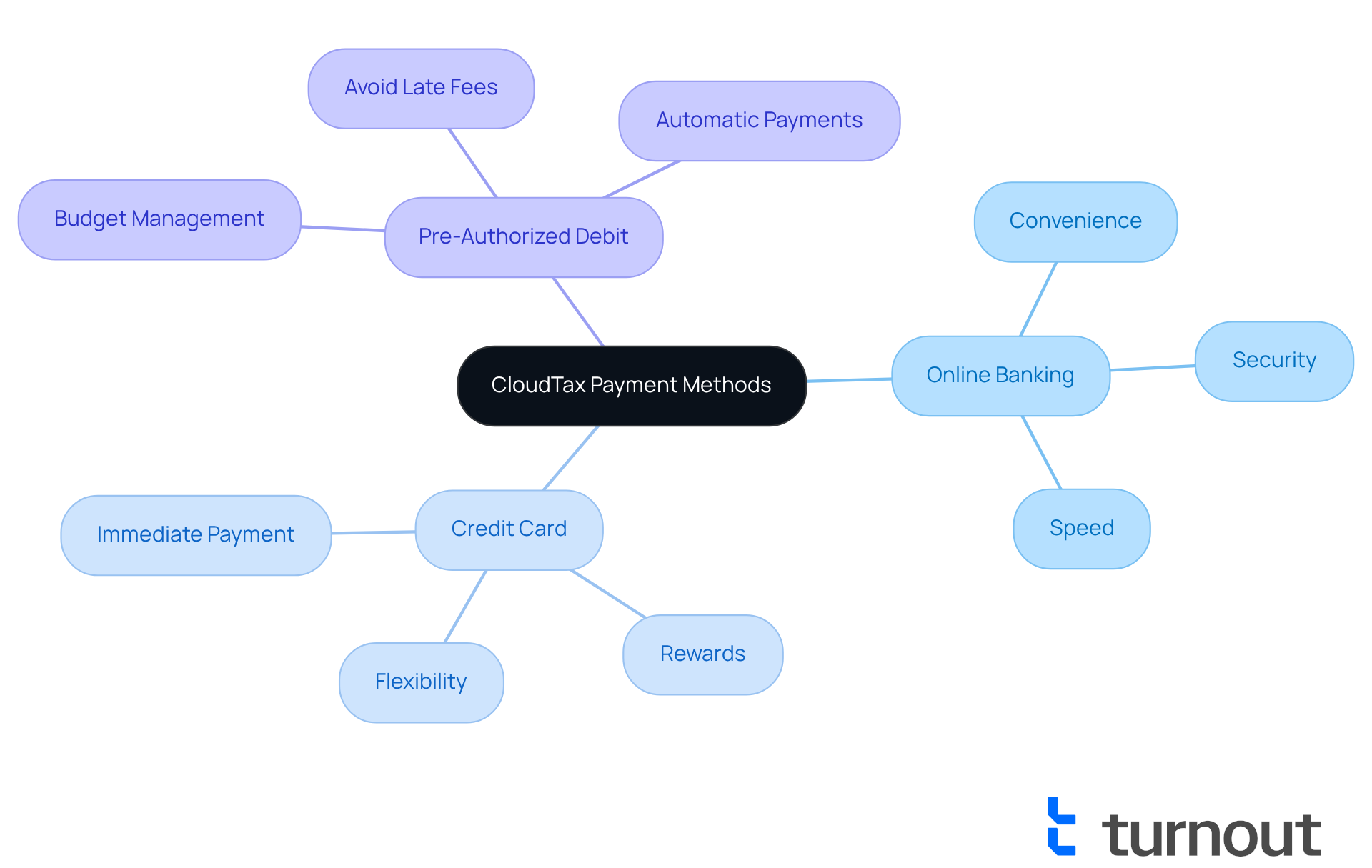 The central node represents CloudTax's payment options. Each branch shows a different method and its benefits, helping you understand how each option can assist you with tax payments. The central node represents CloudTax's payment options. Each branch shows a different method and its benefits, helping you understand how each option can assist you with tax payments.