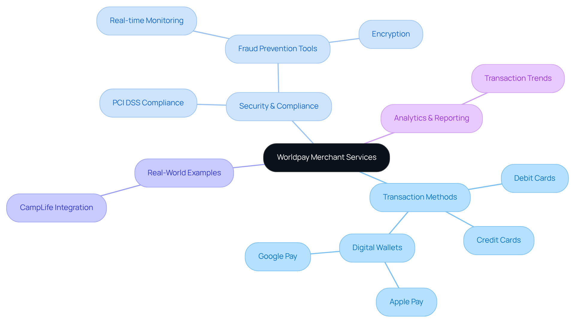 Start at the center with Worldpay's services, then explore each branch to see how transaction methods, security features, real-world applications, and analytics are interconnected.