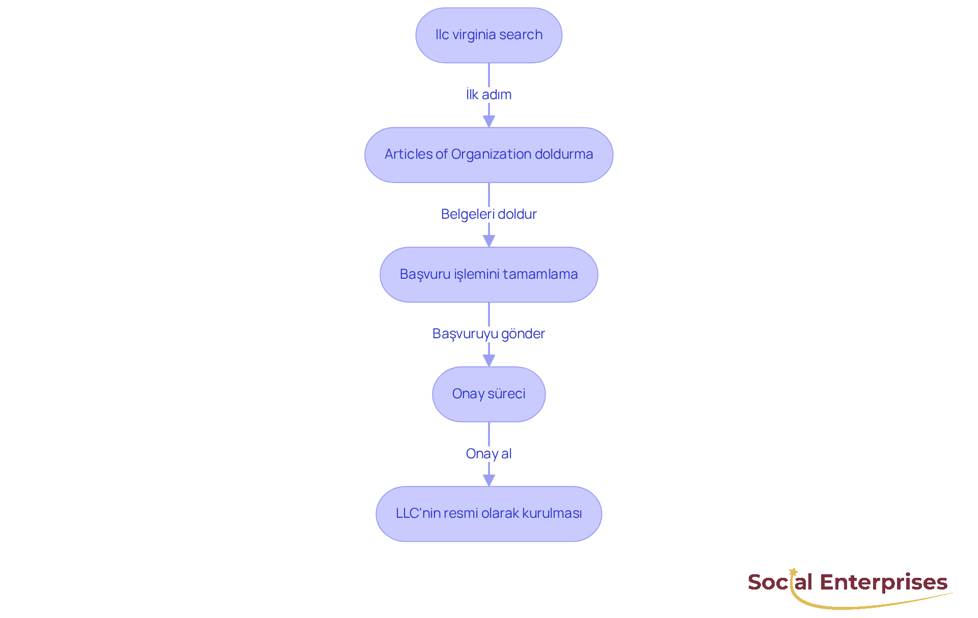 Bu diyagram, LLC kurma sürecindeki adımları gösteriyor. Oklar, bir adımın diğerine nasıl geçtiğini ifade ediyor; her kutucuk, o aşamadaki önemli bilgileri içeriyor.