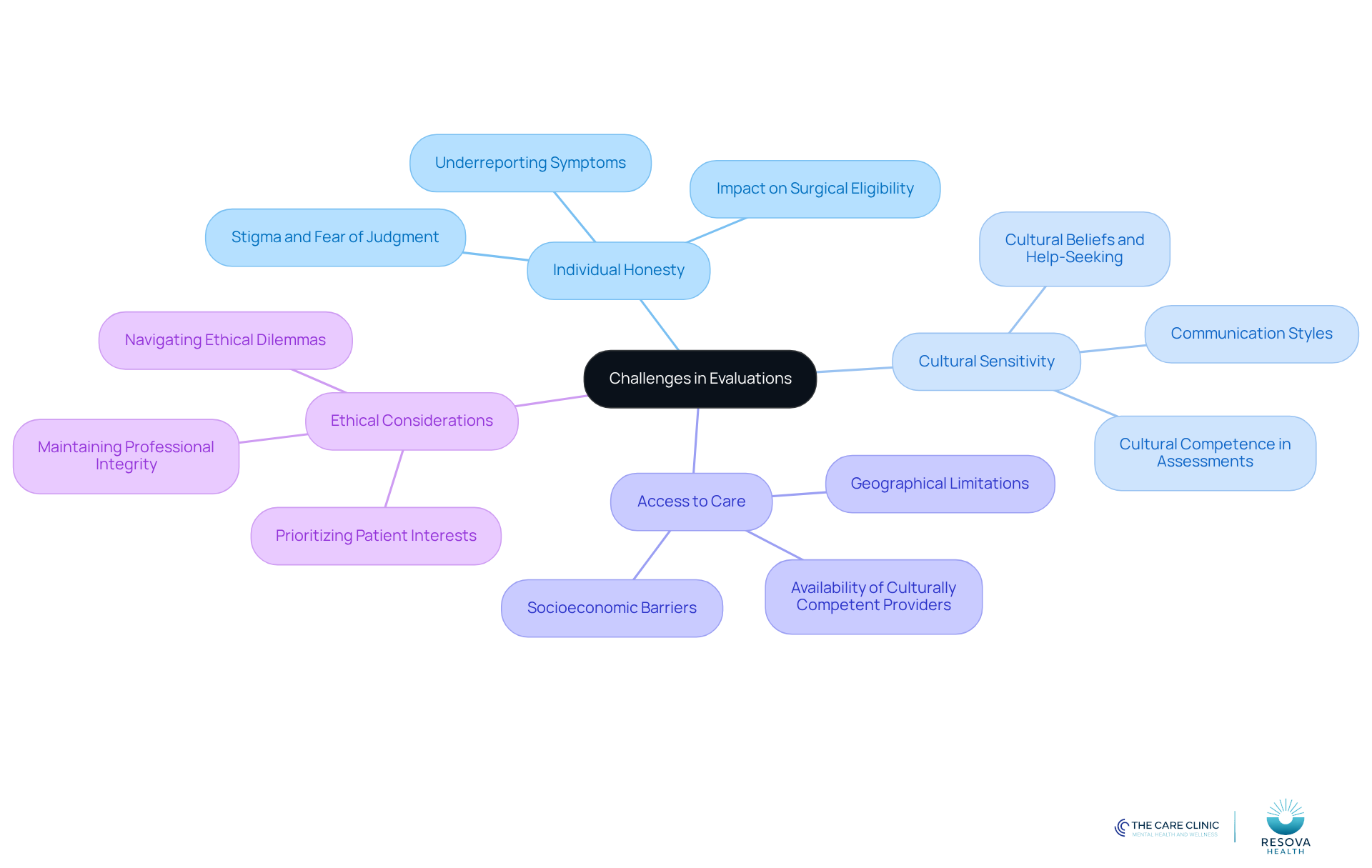 The central node represents the overall topic, while each branch highlights a specific challenge. Sub-branches provide more detail on each theme, helping you understand the complexities involved in evaluations.