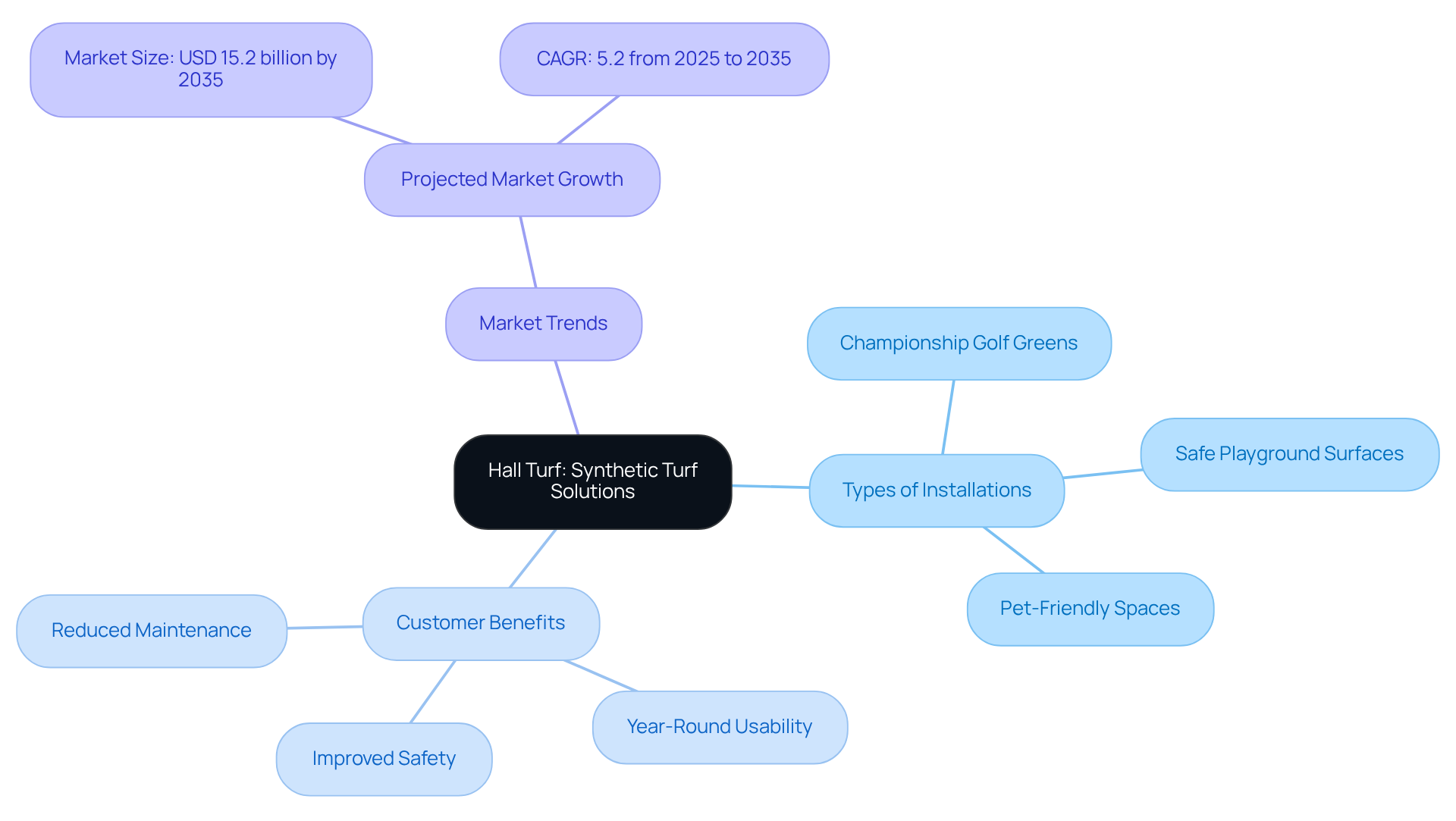 The central node represents Hall Turf, while the branches show different aspects of the business - from what they offer to the benefits for customers and the market trends influencing their growth. The central node represents Hall Turf, while the branches show different aspects of the business - from what they offer to the benefits for customers and the market trends influencing their growth.