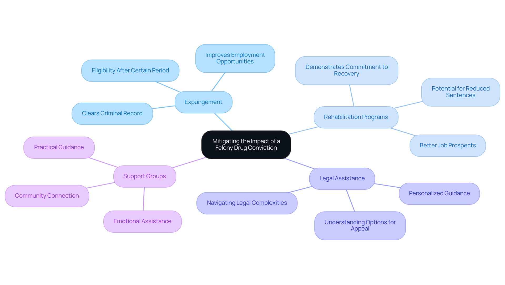 This mindmap shows various paths individuals can take to improve their situation after a felony drug conviction. Each branch represents a different option, and the sub-branches provide more details about how these options can help. Follow the branches to explore the different ways to create a brighter future.