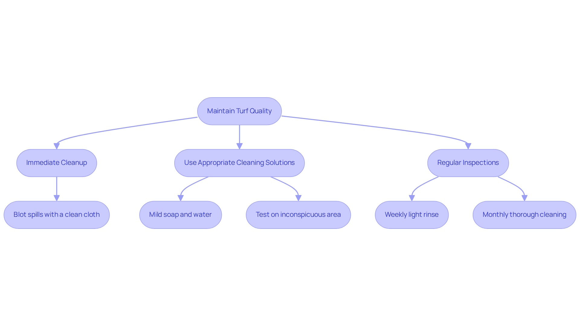 Follow the arrows to see the steps for keeping your turf playground clean and safe. Each box represents an action you should take, starting from immediate cleanup to regular inspections.