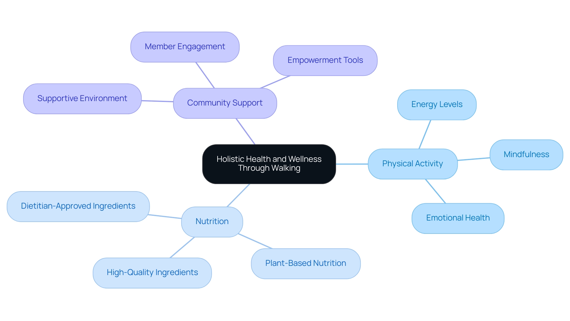 The central node represents the concept of holistic health through walking, with branches showing key areas such as physical activity, nutrition, and community support.