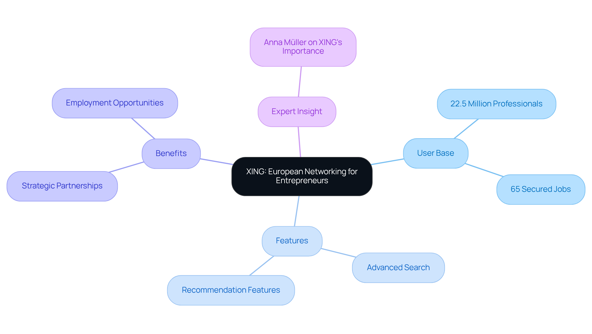 The center represents XING, and the branches show important aspects like how many professionals use it, its features, and the benefits for entrepreneurs. Each branch helps you understand why XING is a key platform for networking.