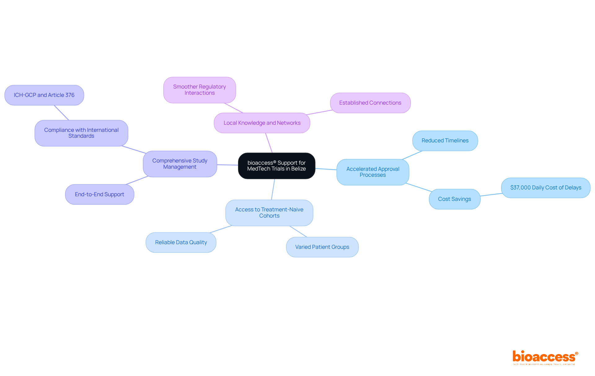 The central node represents bioaccess®'s role, while each branch shows a key service. The sub-branches explain the benefits of each service, helping you understand how they contribute to successful MedTech trials.