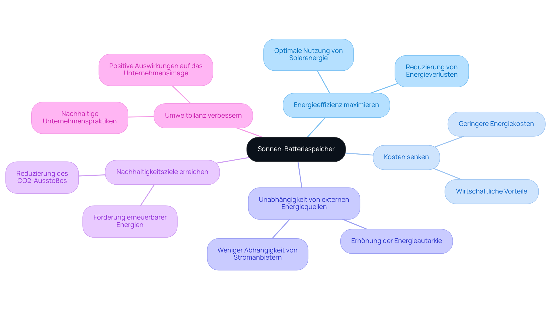 Im Zentrum steht die Idee der Sonnen-Batteriespeicher. Die Äste zeigen die verschiedenen Vorteile, die Unternehmen durch deren Einsatz erzielen können. Je größer der Ast, desto wichtiger ist der Vorteil für die Unternehmen.