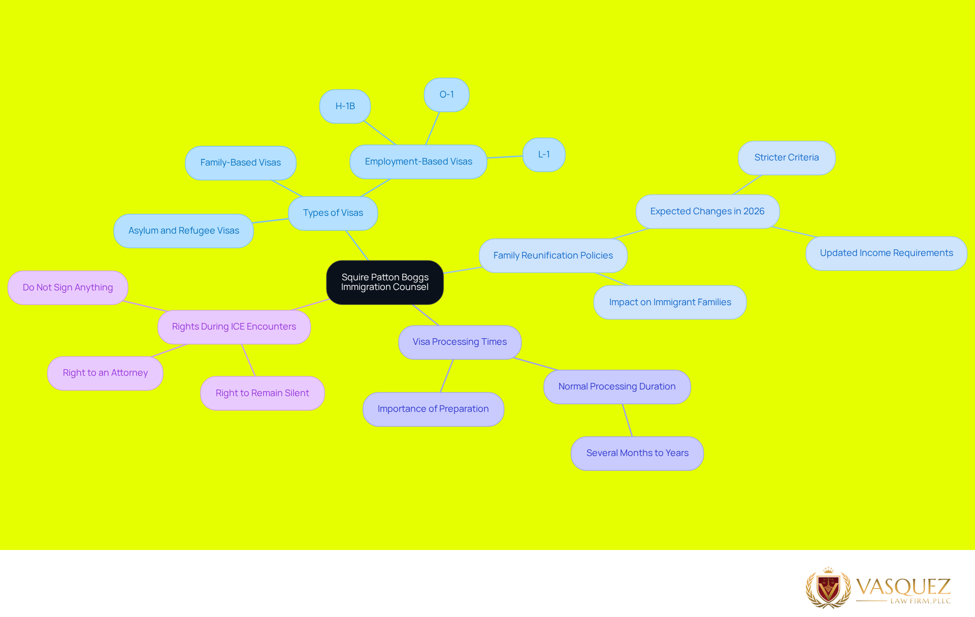 This mindmap illustrates the various services and issues related to immigration counsel. Start at the center with the main theme, then explore each branch to see specific areas of focus and the details that support them.