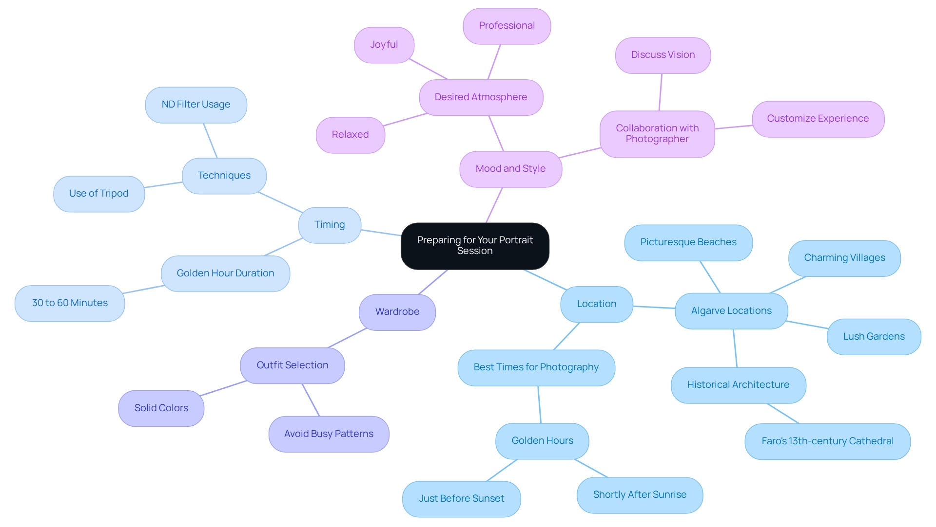 The central node represents the overall topic, with branches detailing the main considerations for a successful portrait session.