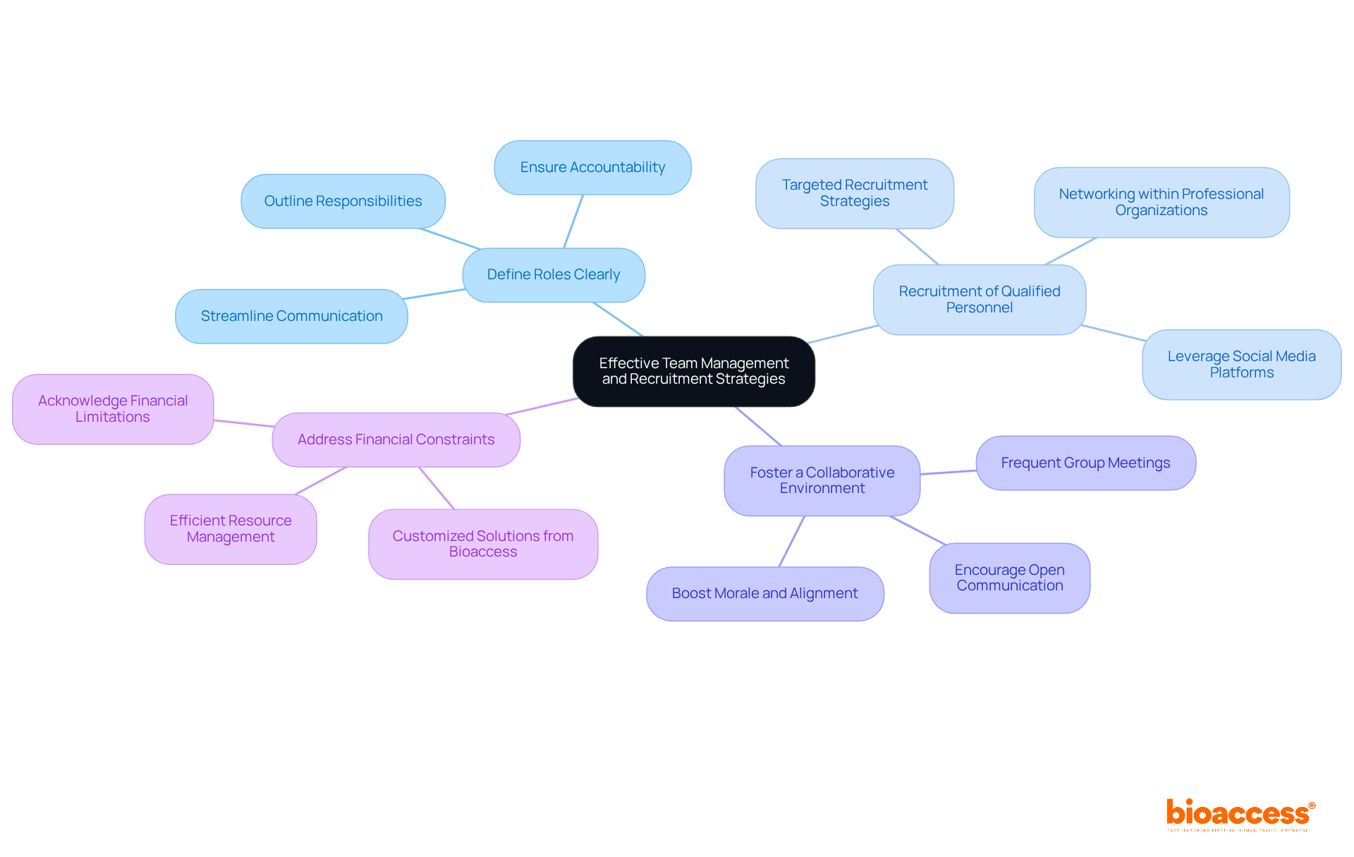 The central node represents the main goal, while each branch shows a specific strategy. Follow the branches to see the key actions that support each strategy.