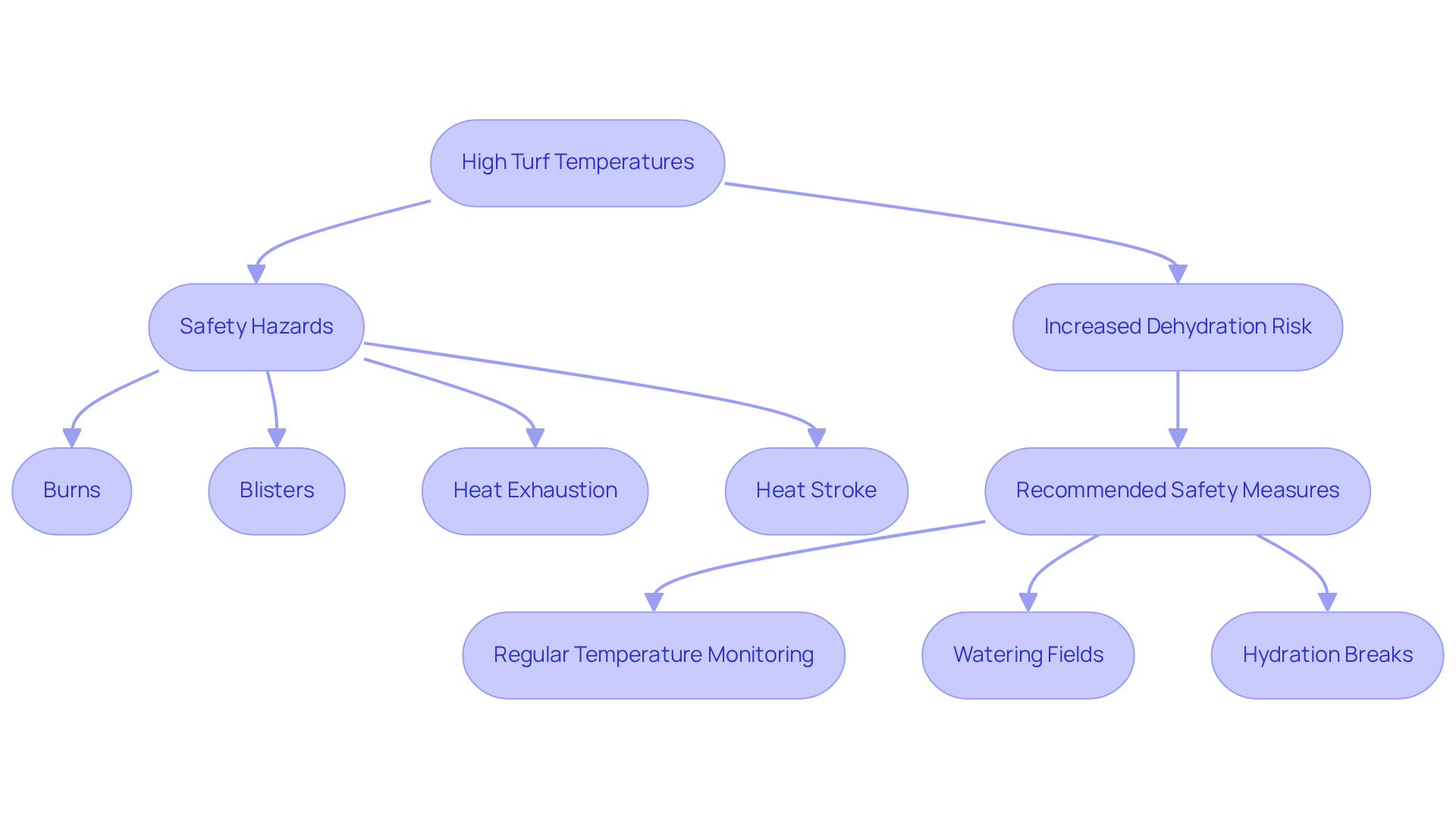 This flowchart shows how high temperatures on artificial turf can lead to various safety hazards and what steps can be taken to keep everyone safe. Follow the arrows to see the connections between risks and recommended actions.